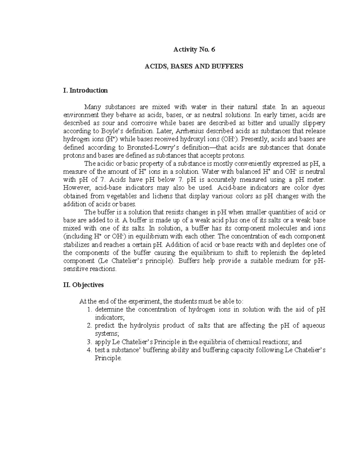 Activity 6 Acids Bases and Buffers - Activity No. 6 ACIDS, BASES AND BUFFERS I. Introduction ...