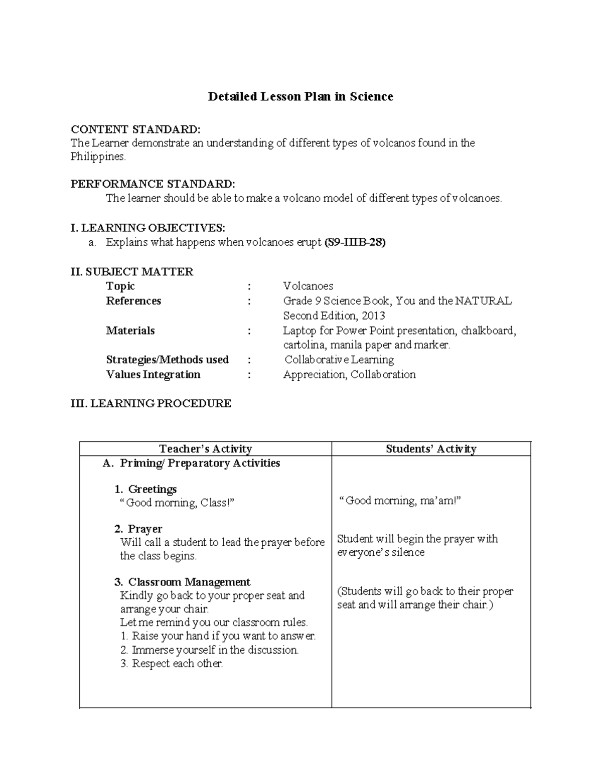 Detailed Lesson Plan in Science Types of Volcanoes JHS - Detailed ...