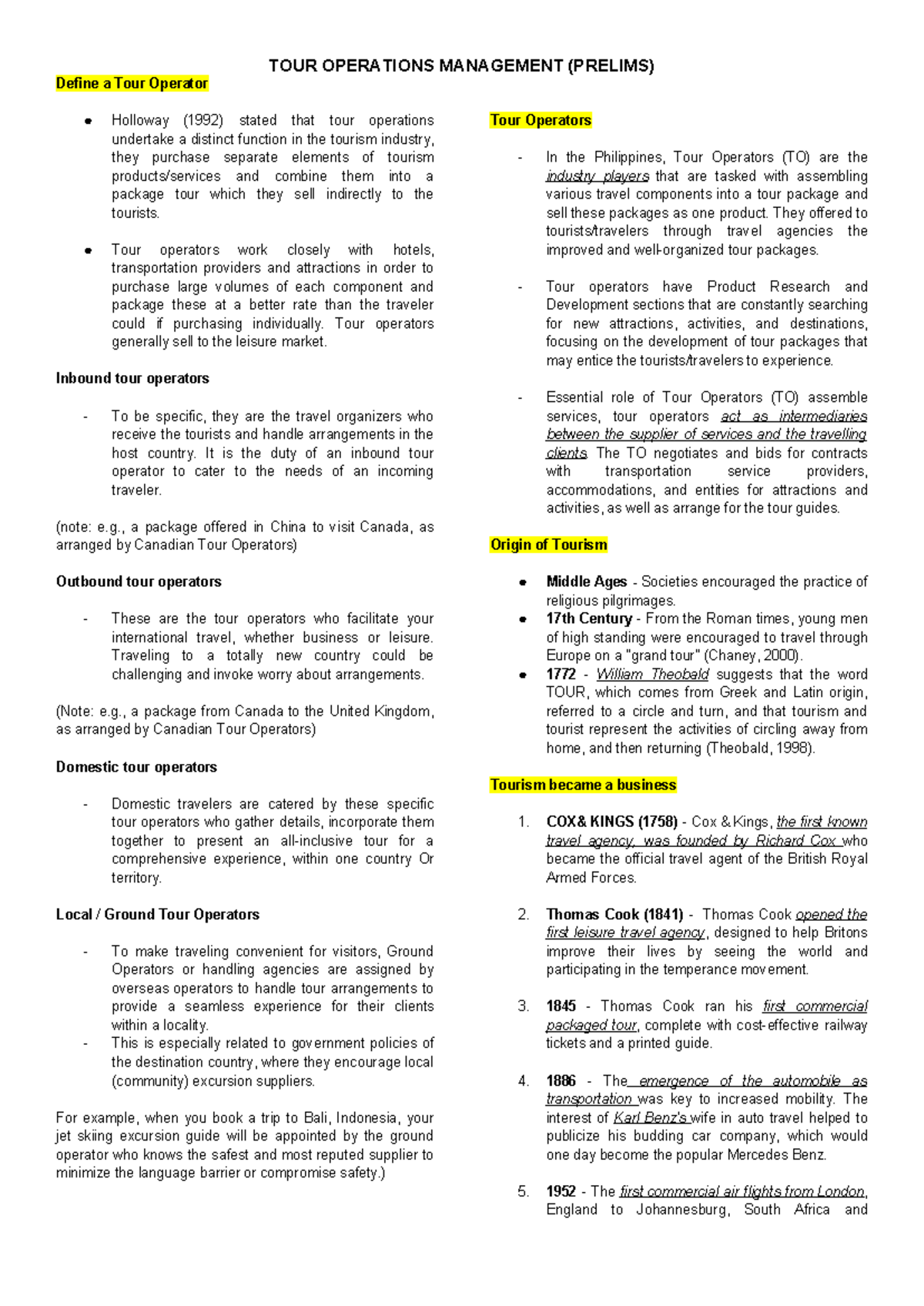 TOUR Operations Reviewer - Define a Tour Operator Holloway (1992 ...