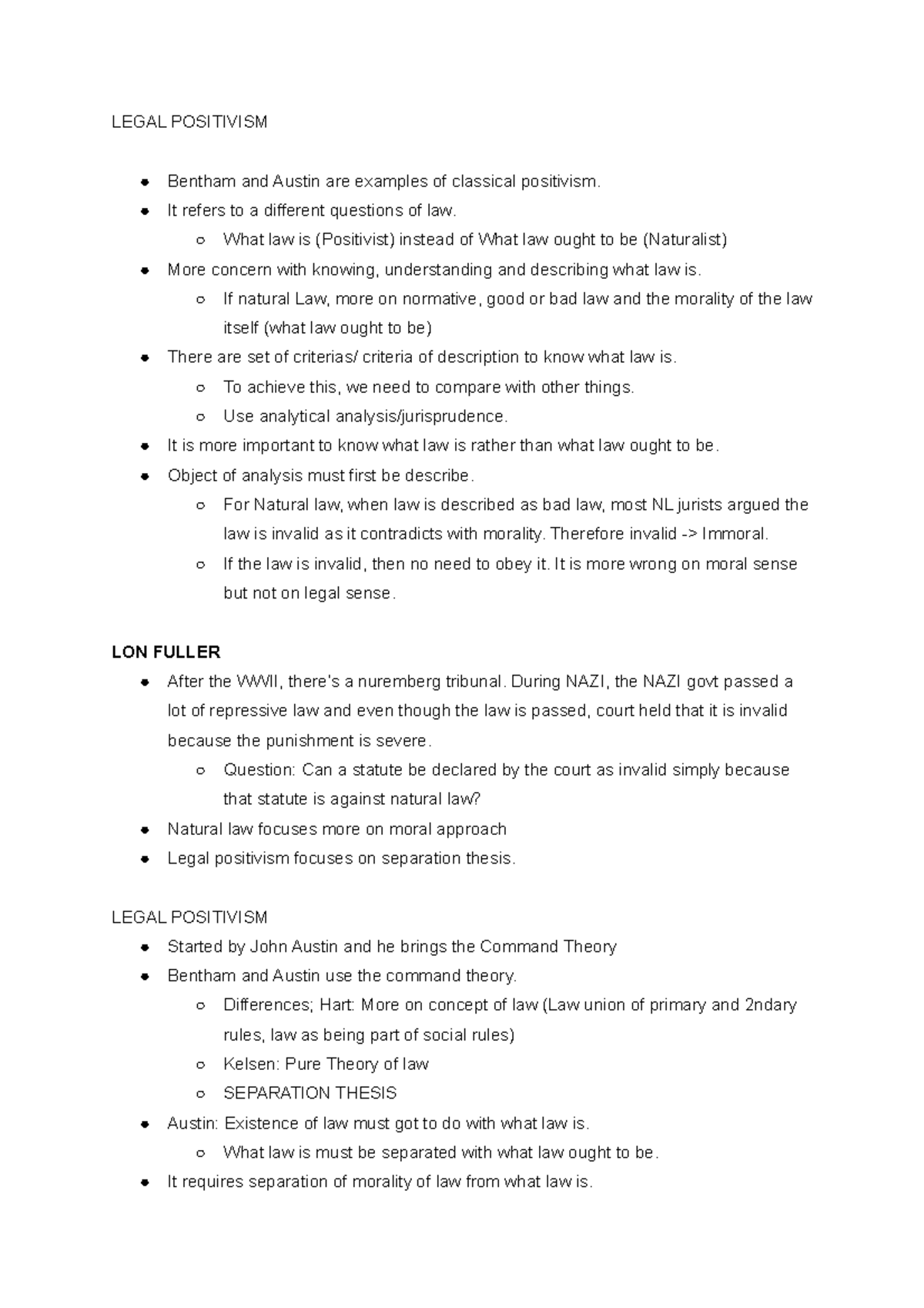 Positivist - Bentham AND Austin (Incomplete) - LEGAL POSITIVISM Bentham ...