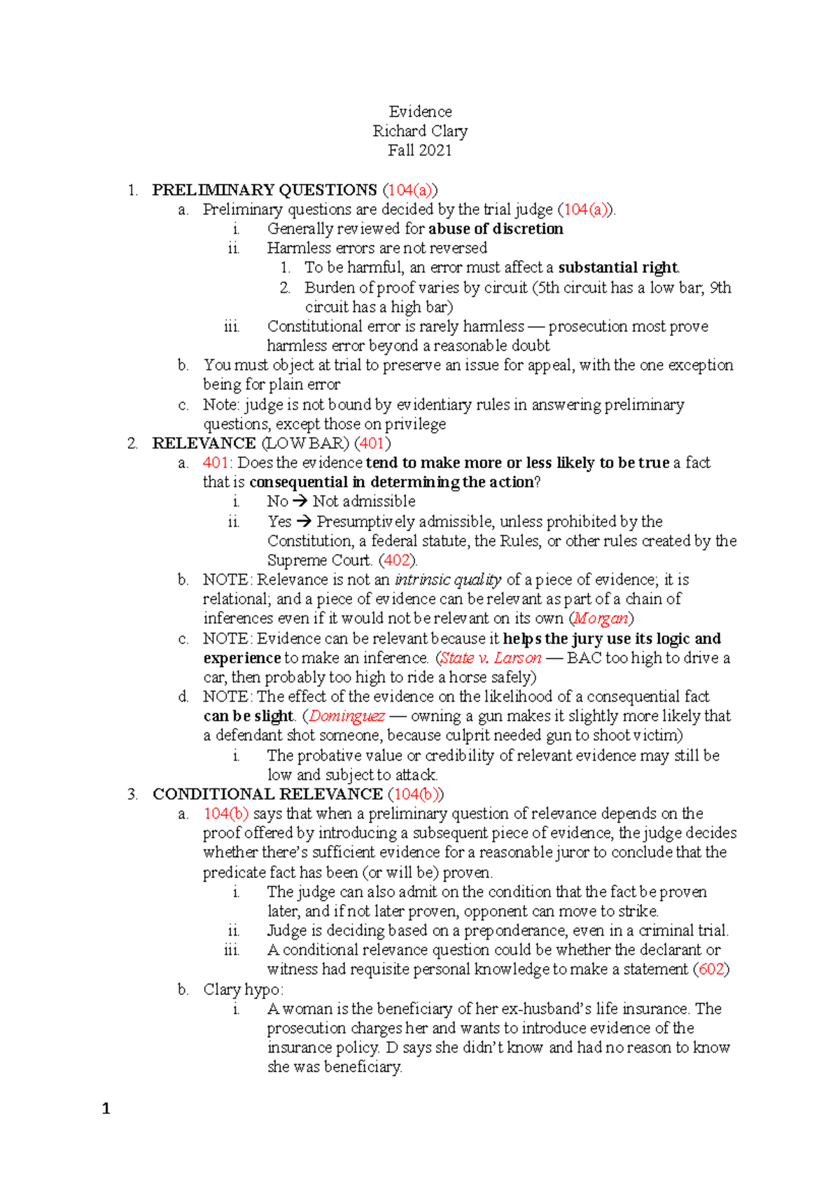 OUTLINE - CLARY EVIDENCE - Evidence Richard Clary Fall 2021 PRELIMINARY ...