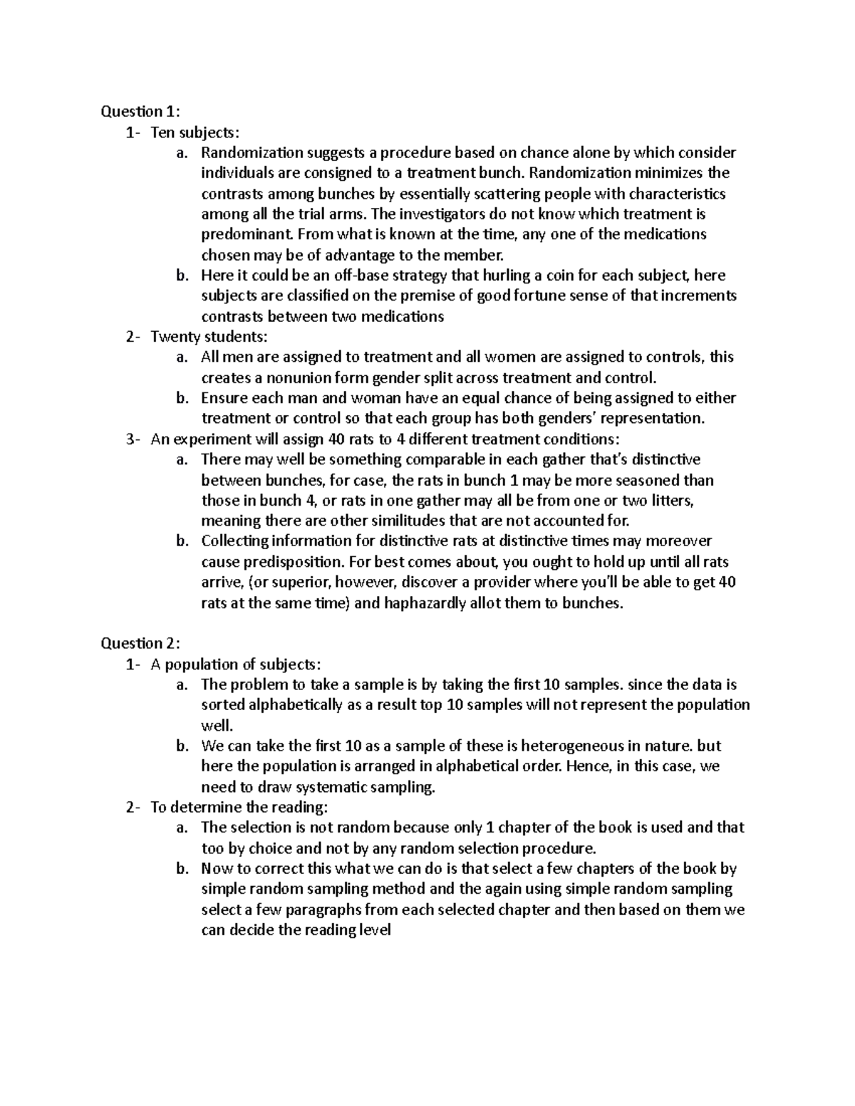 Lecture 1 Assignment - Homework Answers - Question 1: 1- Ten subjects: a. Randomization suggests ...