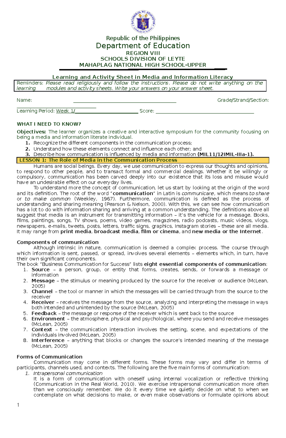 Week-1- Media and Information Literacy - Republic of the Philippines ...