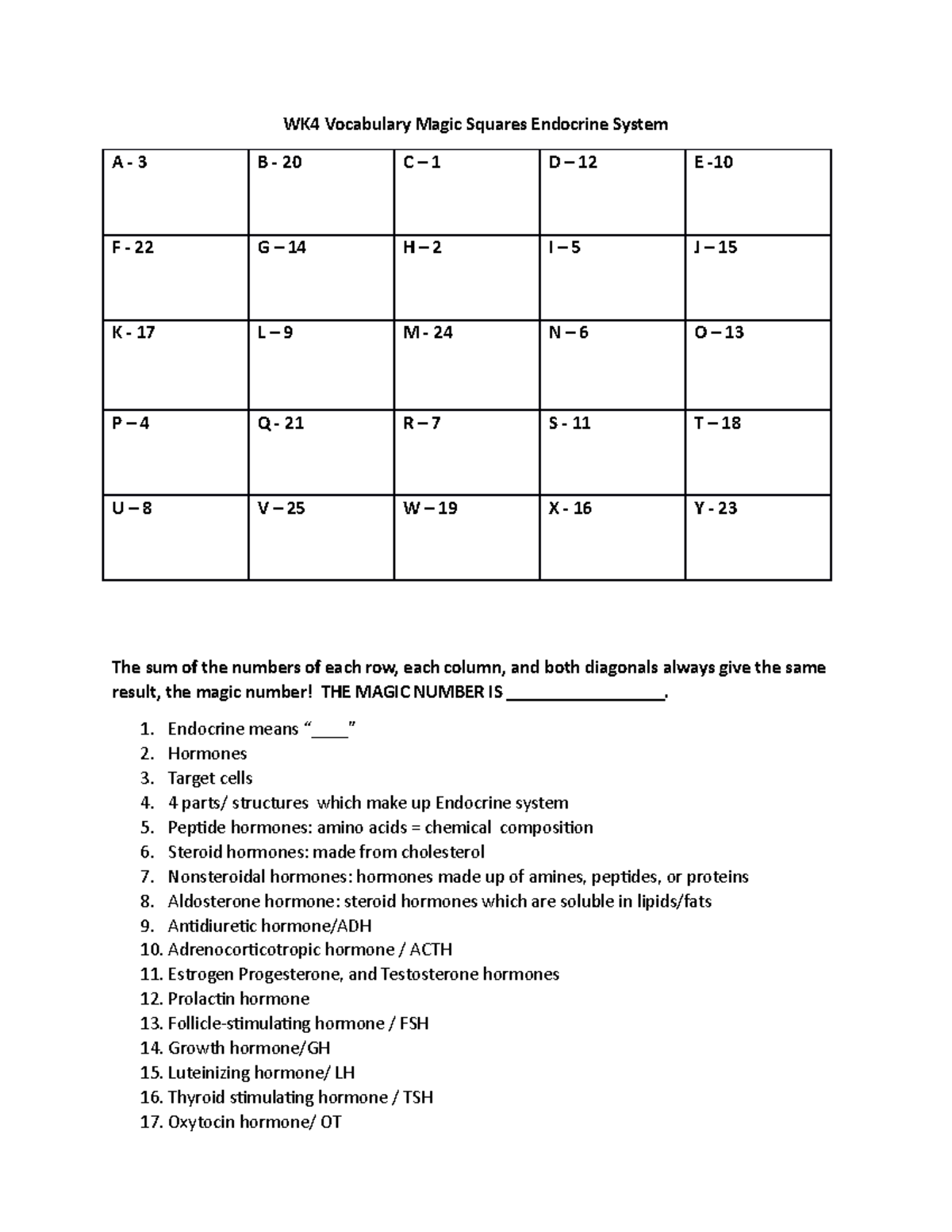 Vocabulary Magic Squares Endocrine System - Endocrine means ...