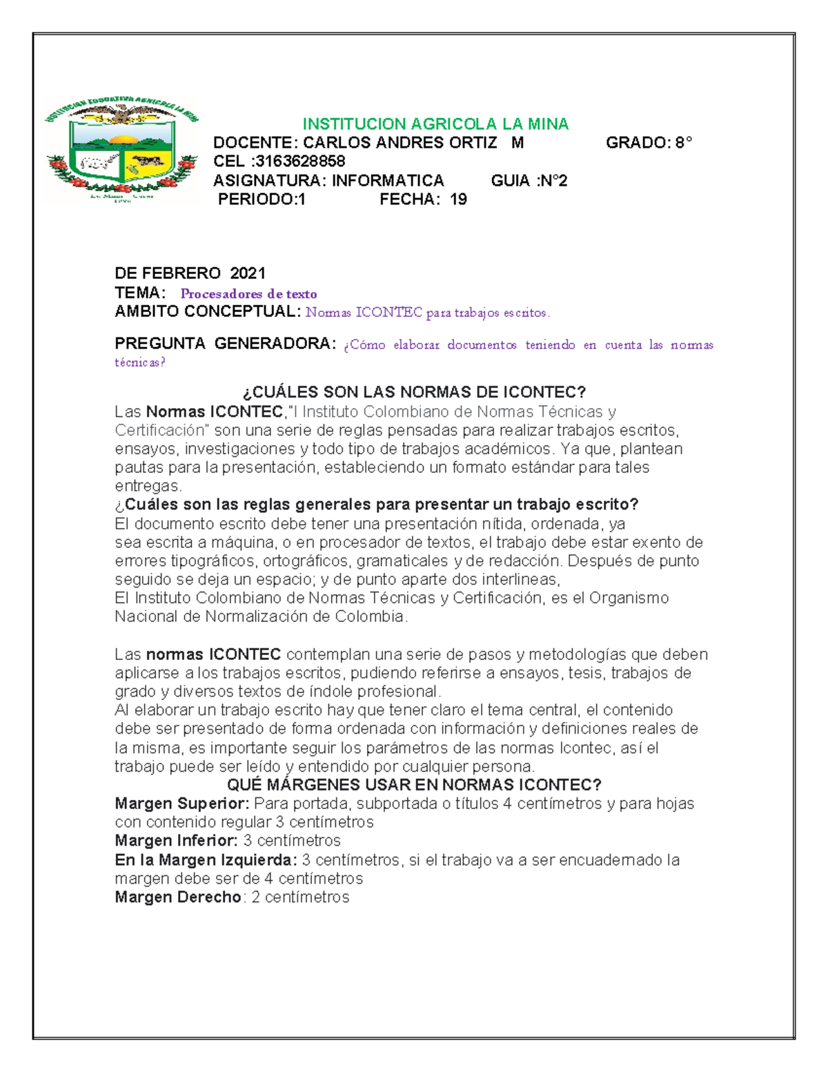 GUIA Informatica 8° N°2 2021 - INSTITUCION AGRICOLA LA MINA DOCENTE ...