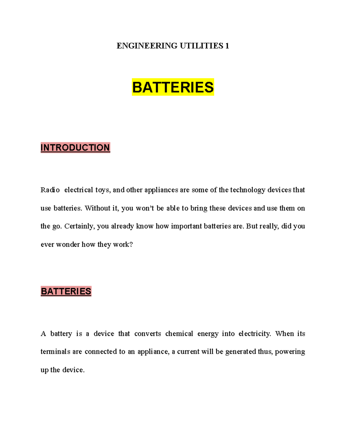 Batteries - Engineering Utilities 1 - ENGINEERING UTILITIES 1 BATTERIES ...
