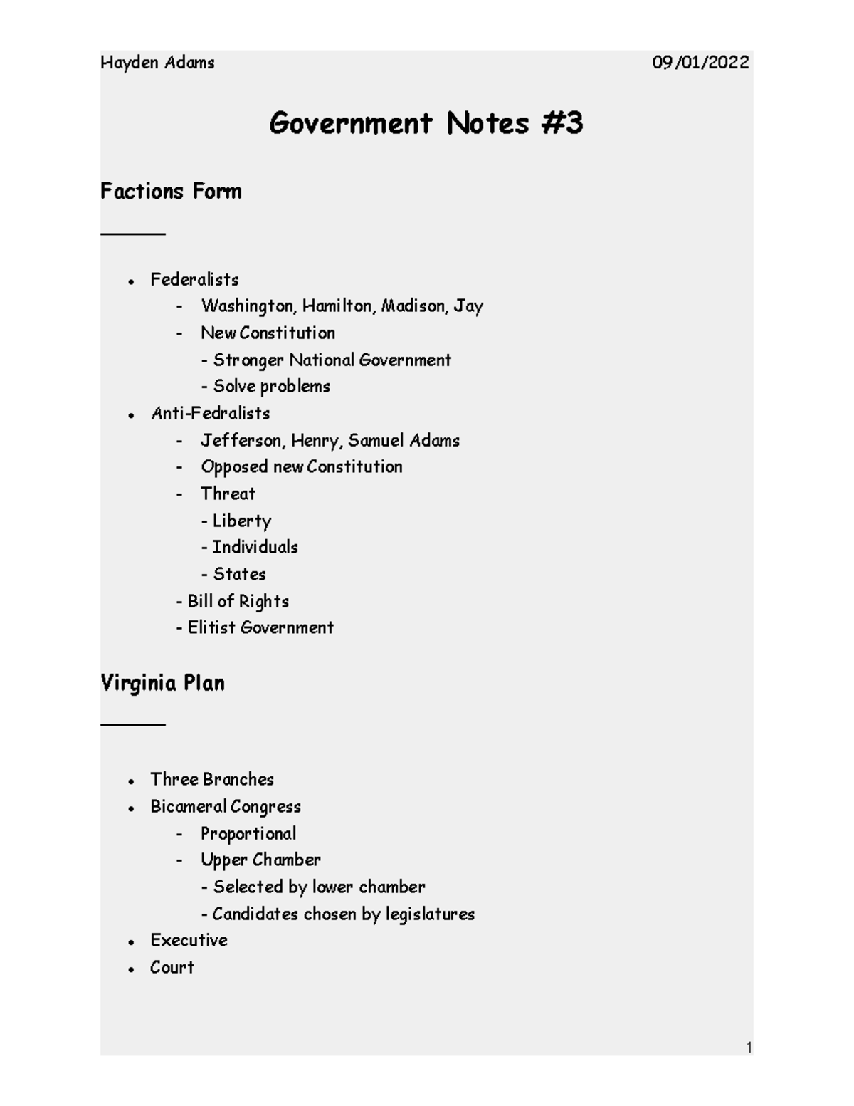 Government Notes #3 - Government Notes Factions Form _____ Federalists ...