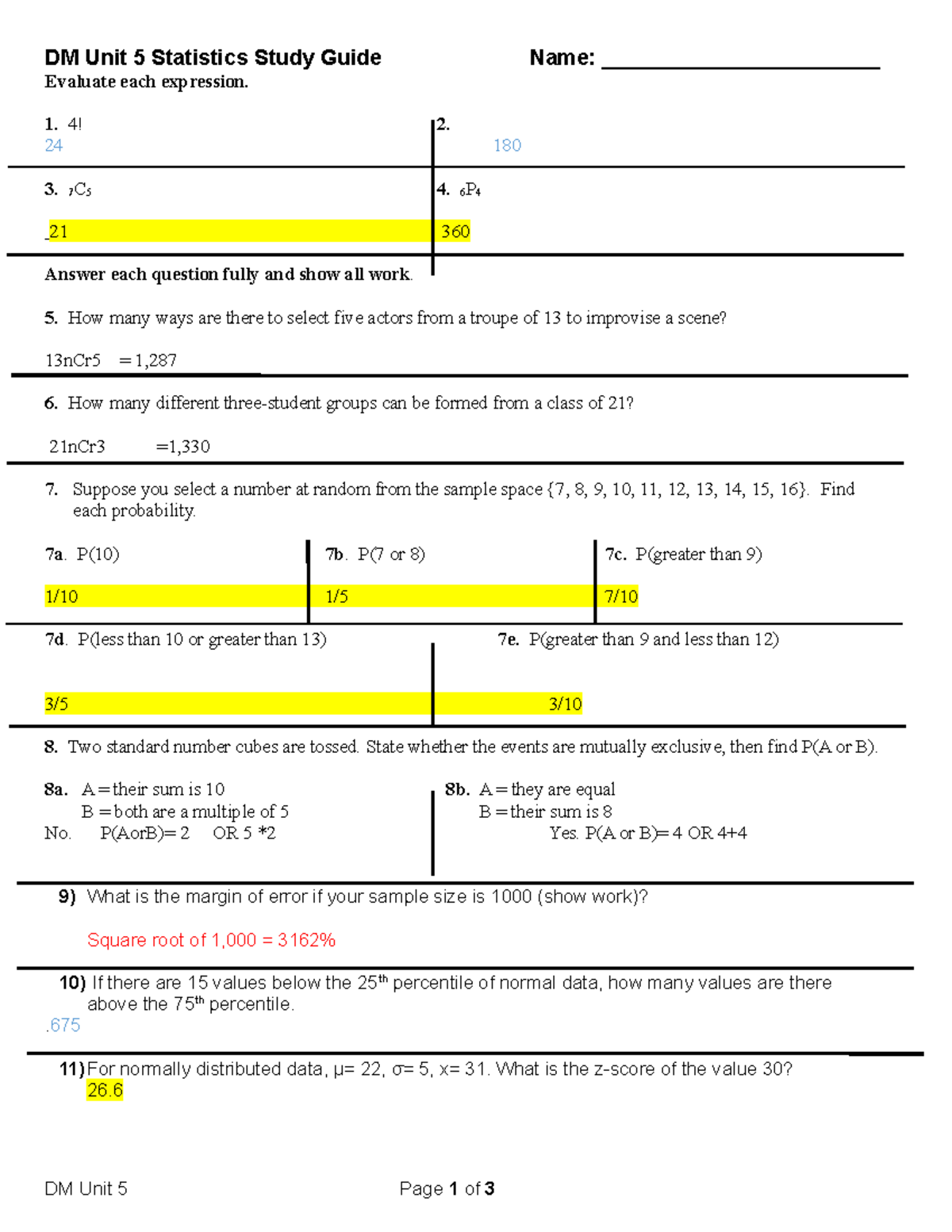 DM Unit 5 Study Guide Takira Mc Neil - DM Unit 5 Statistics Study Guide ...