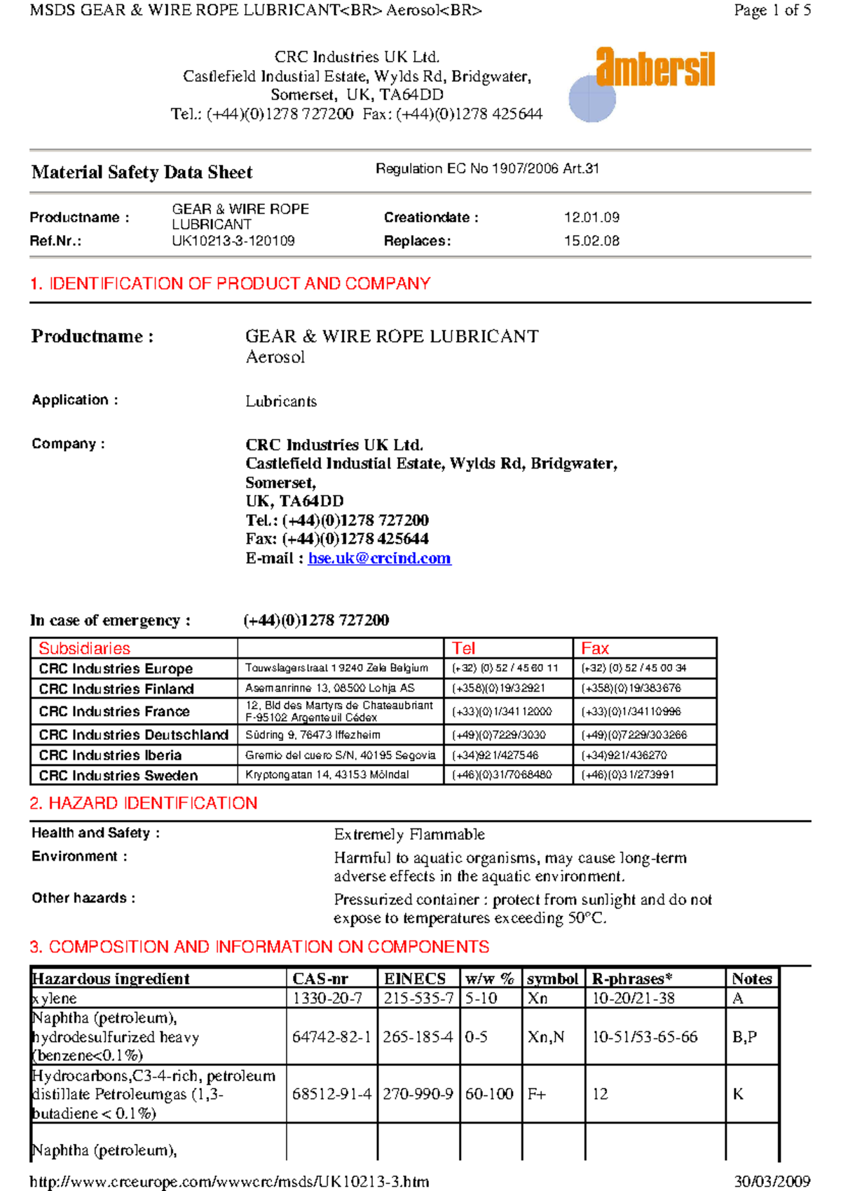 MSDS WIRE ROPE LUBE Ingles - 1. IDENTIFICATION OF PRODUCT AND COMPANY 2 ...