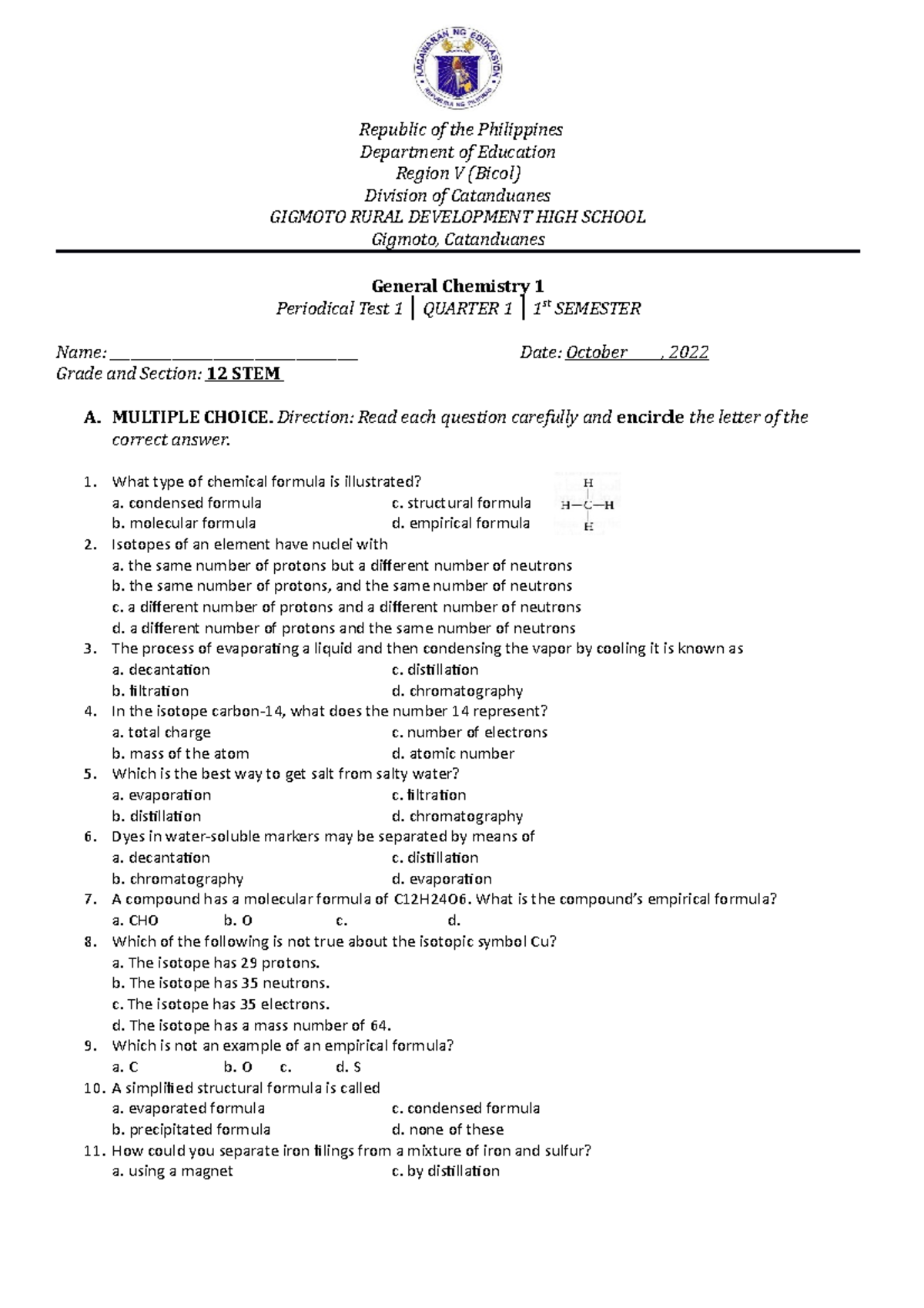 Gen Chem Modular - BIOLOGY PERIODICAL TEST - Republic of the ...
