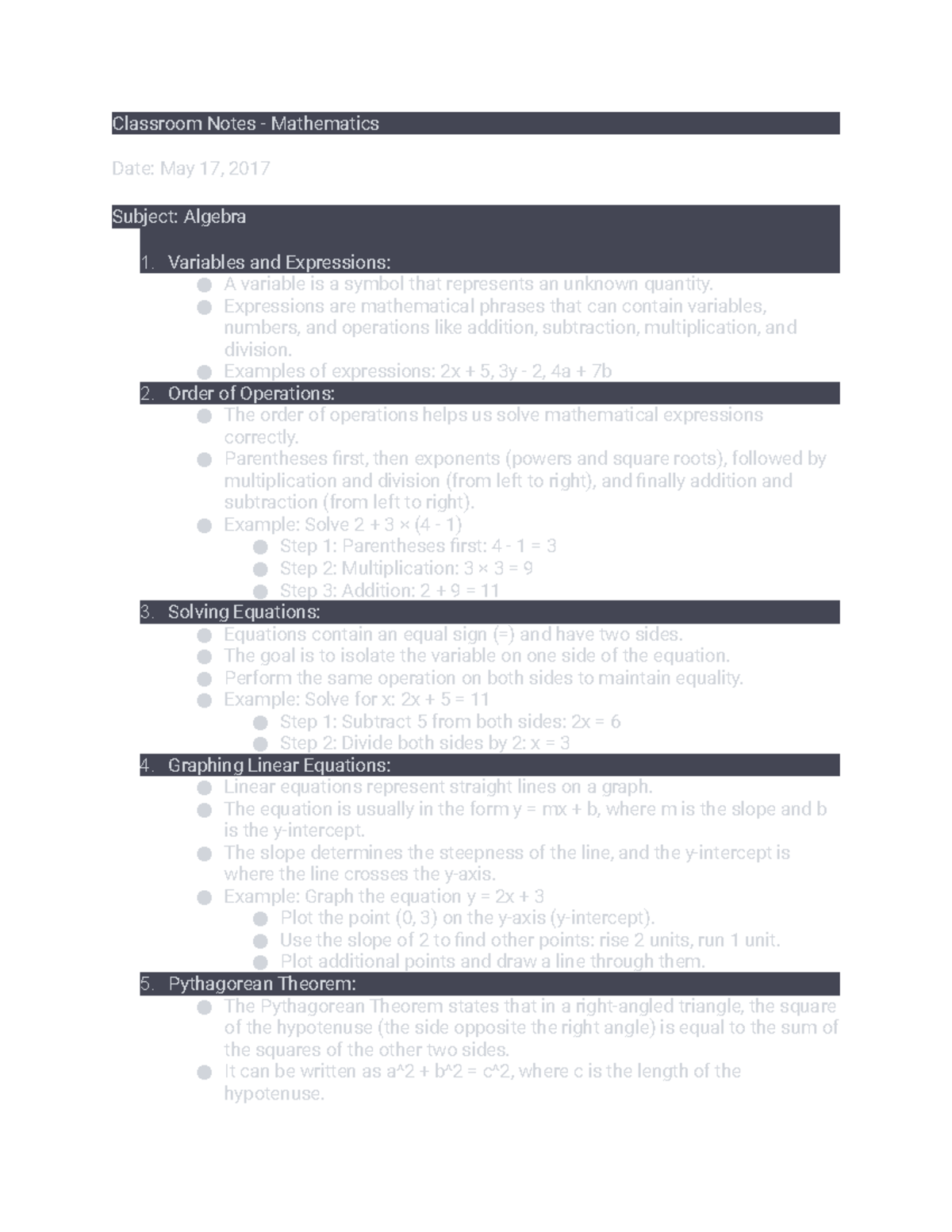 Untitled document - Math Notes: Variables, Expressions, Operations ...
