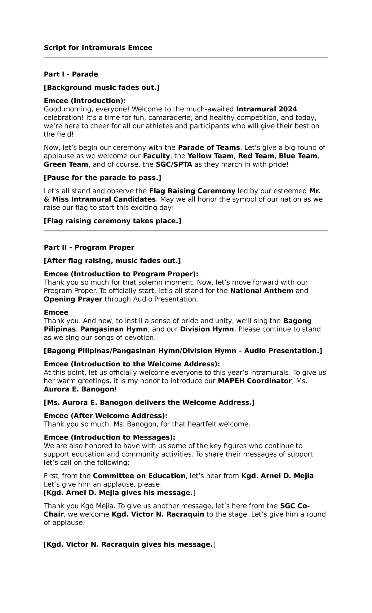 Script for Intramurals Emcee - ] Emcee (Introduction): Good morning ...