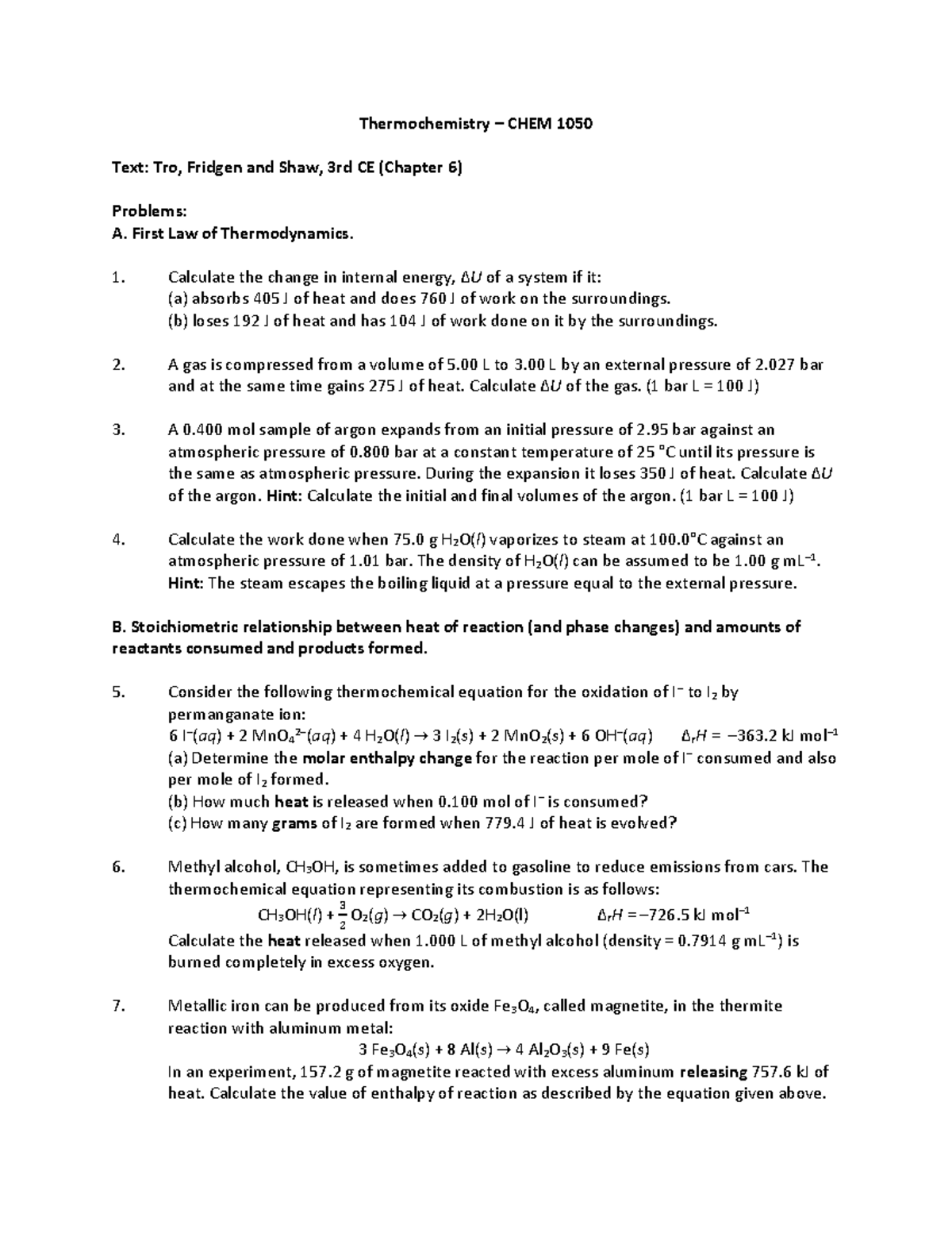 Chapter 6 Thermochemistry Review - Thermochemistry – CHEM 1050 Text ...