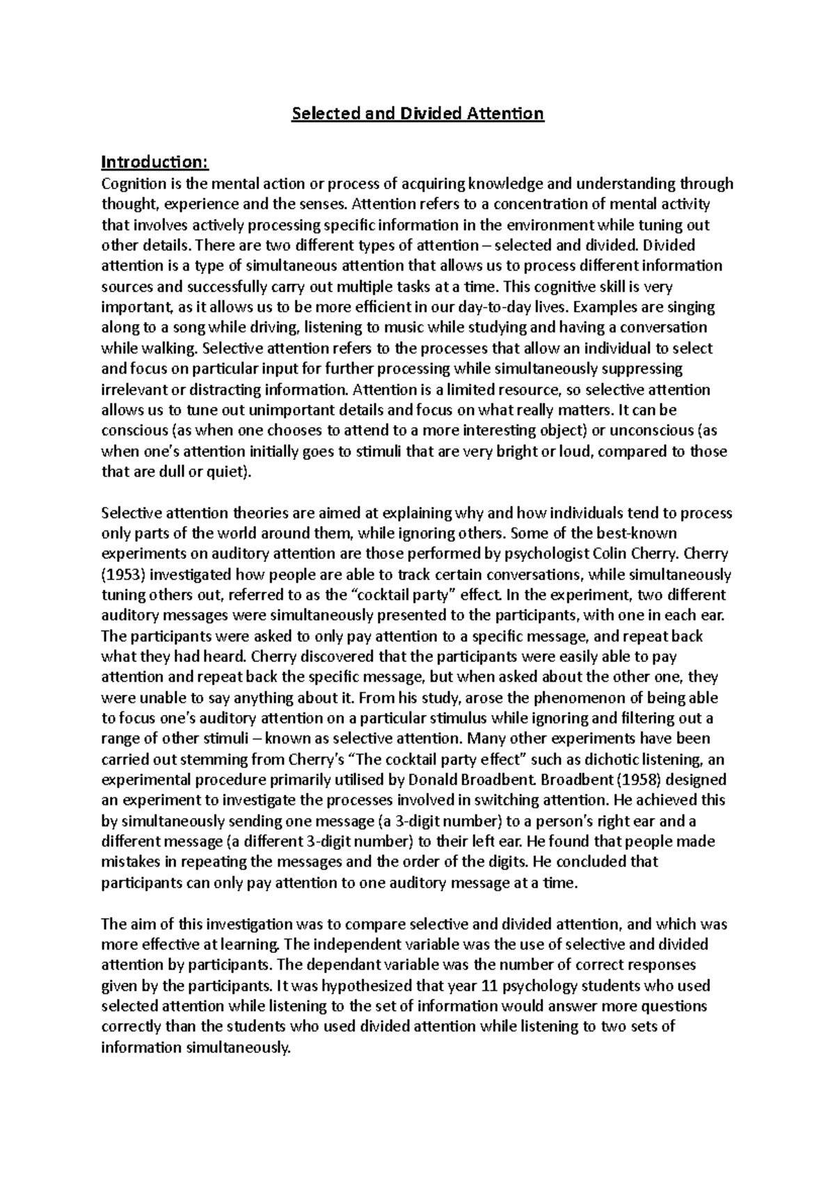 Selected vs divided attention - Selected and Divided Attention ...