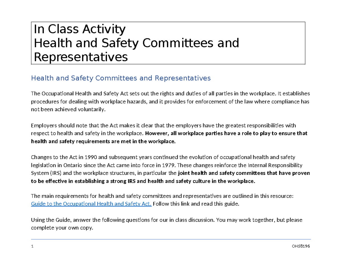 OHS8196 - Scavenger Hunt for Health and Safety Committees and Representatives - In Class ...