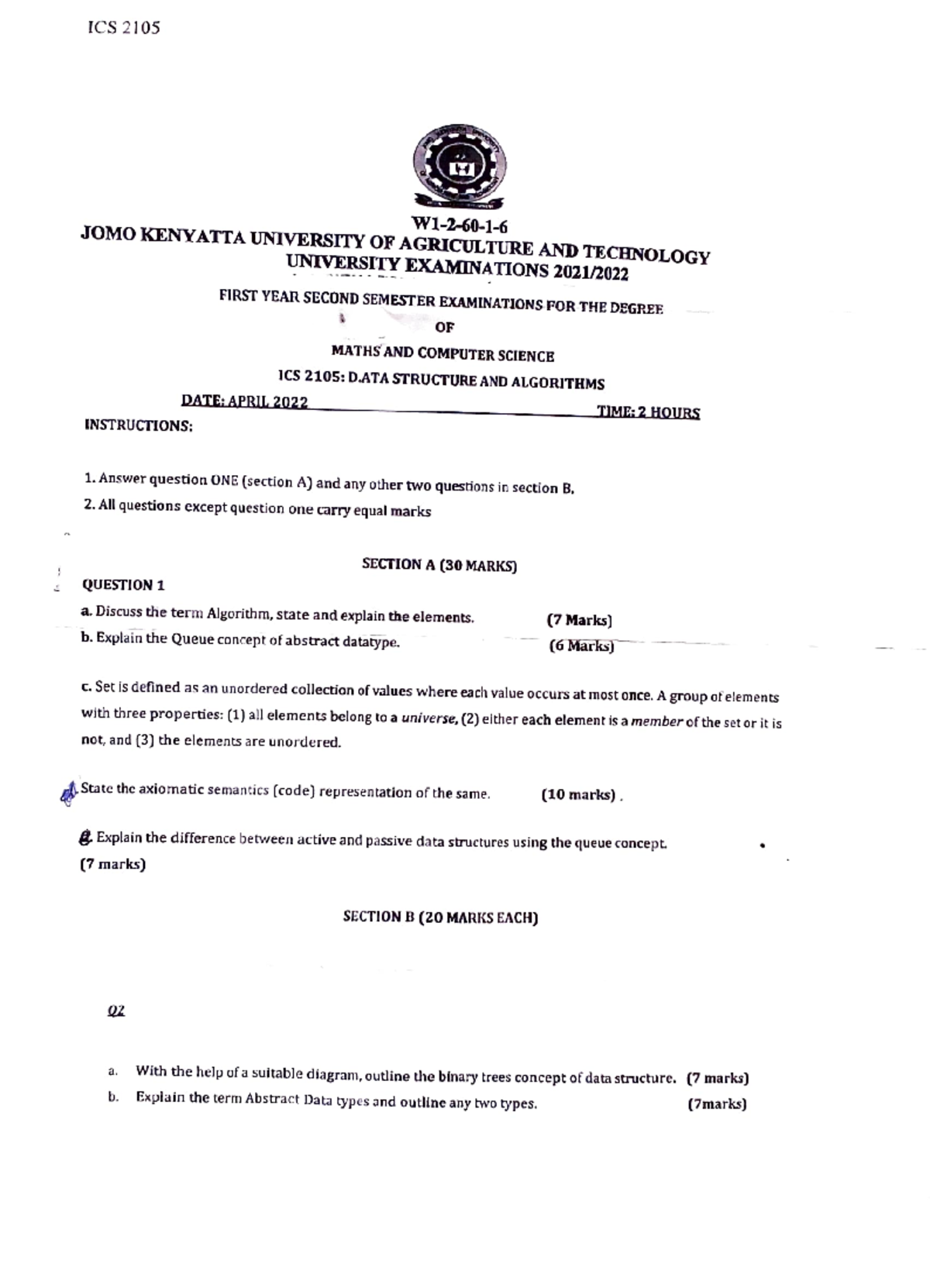DATA Structure AND Algorithms - ICS 2105 JOMO W1-2-60-1- KENYATTA UNIVERSITYOF AGRICULTUREAND ...