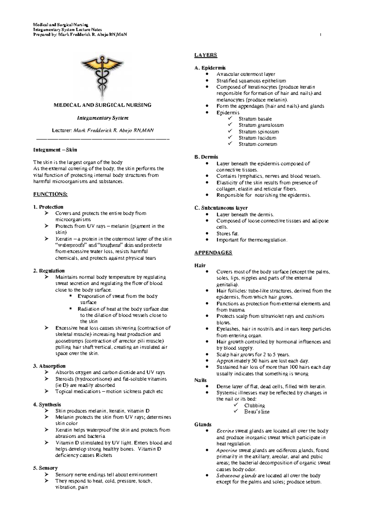 Med Surg-Integumentary-System - Integumentary System Lecture Notes ...