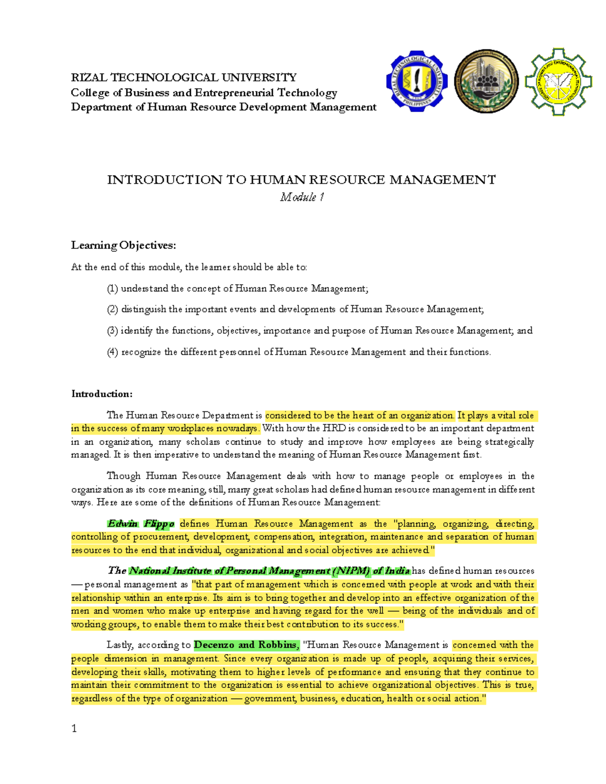 Module 1 - Introduction to Human Resource Management - RIZAL ...