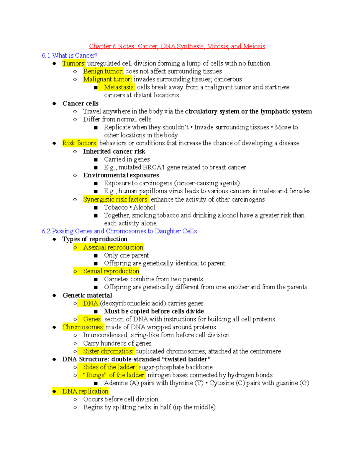 Chapter 6 Cancer Notes - Yoon - Chapter 6 Notes: Cancer, DNA Synthesis ...