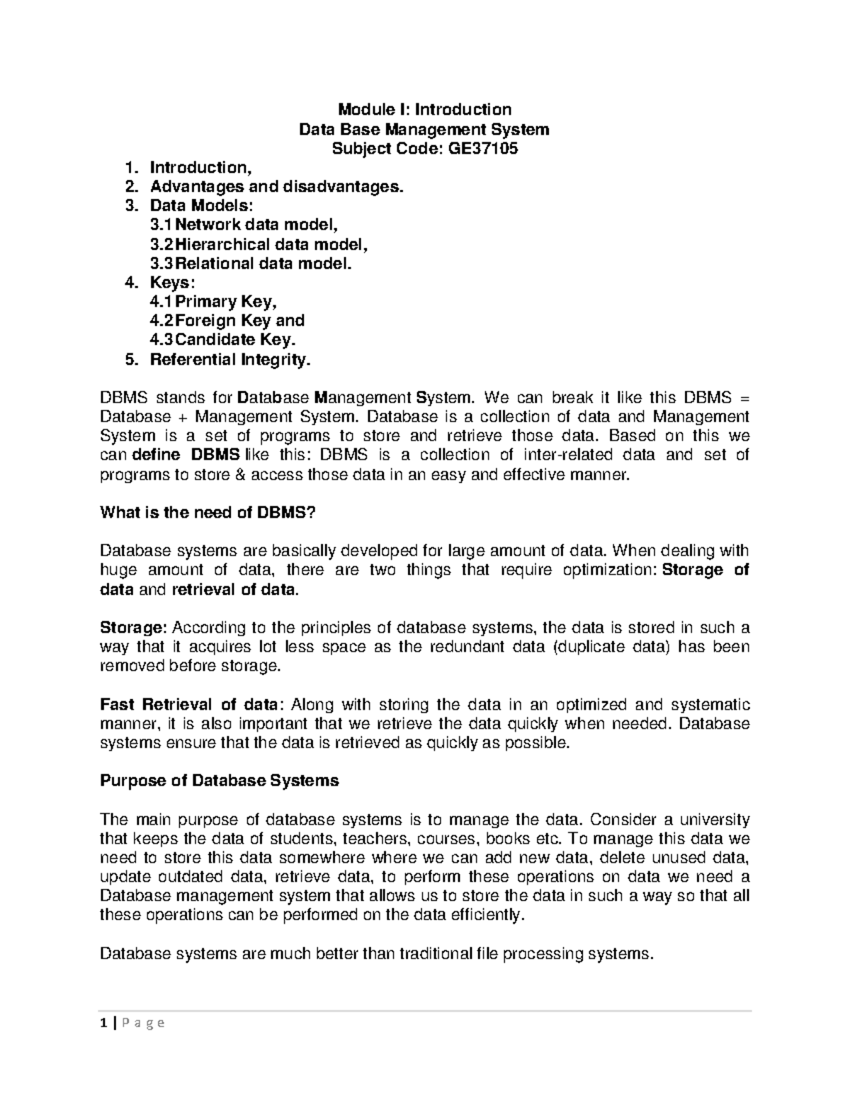 Module 1 Dbms It Is A Notes Module I Introduction Data Base Management System Subject Code