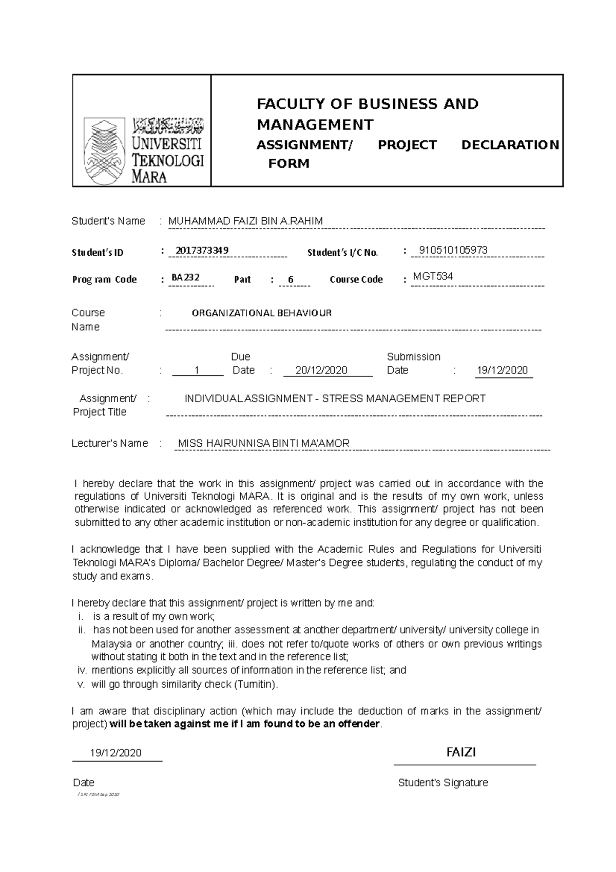 Declaration FORM - organizational behaviour - FACULTY OF BUSINESS AND MANAGEMENT ASSIGNMENT ...