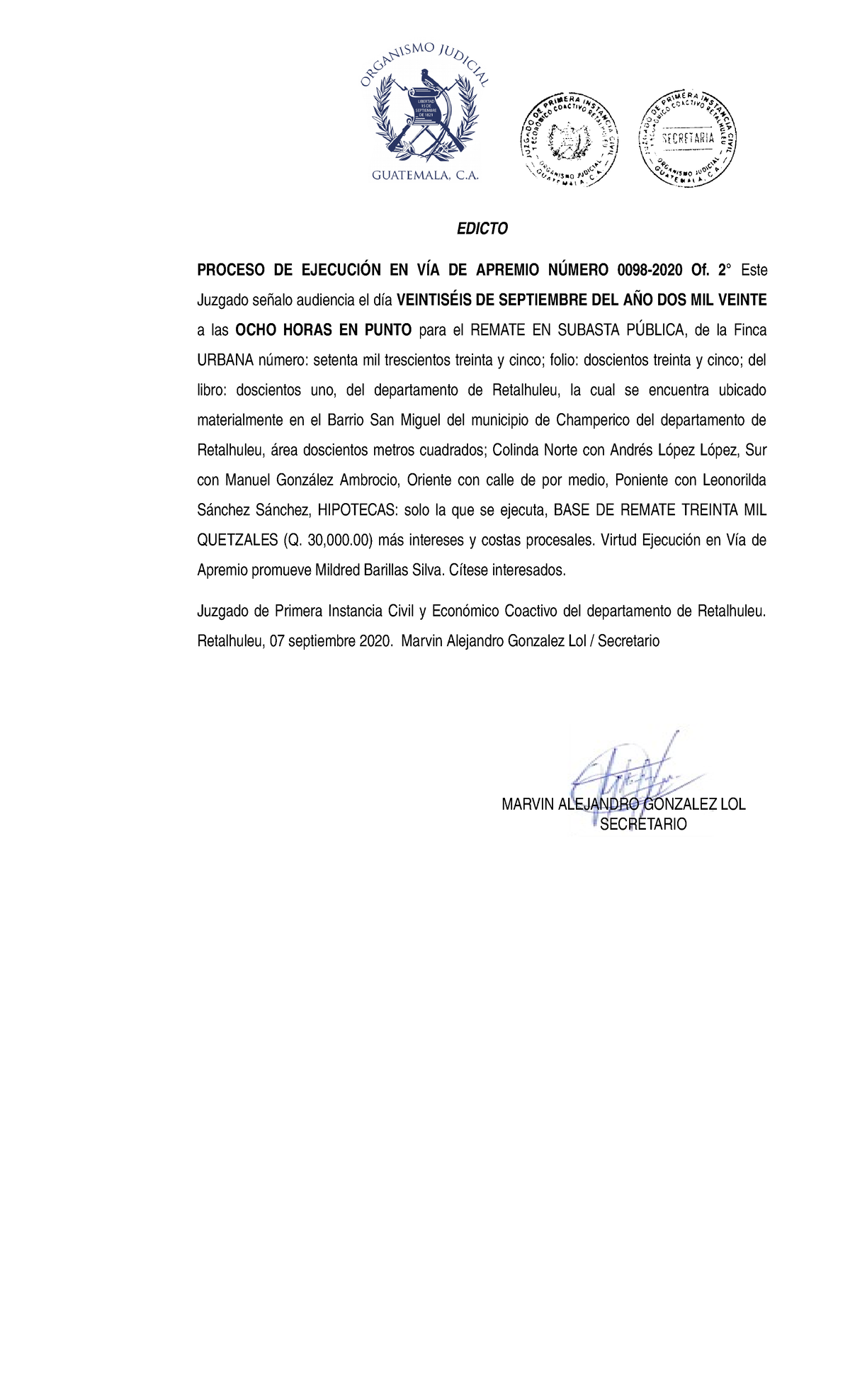 8. Edicto - EVA - practica - EDICTO PROCESO DE EJECUCIÓN EN VÍA DE ...