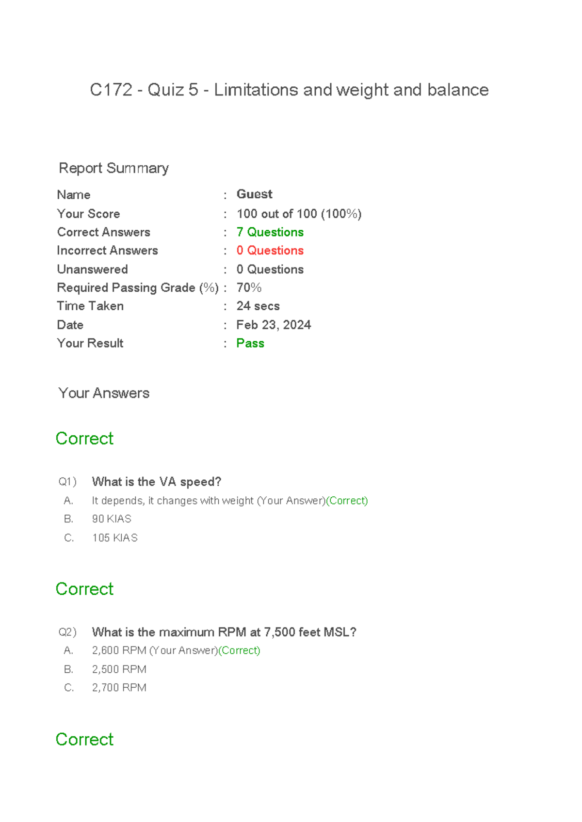 Guest-332320810-C172 - Quiz 5 - Limitations and weight and balance ...