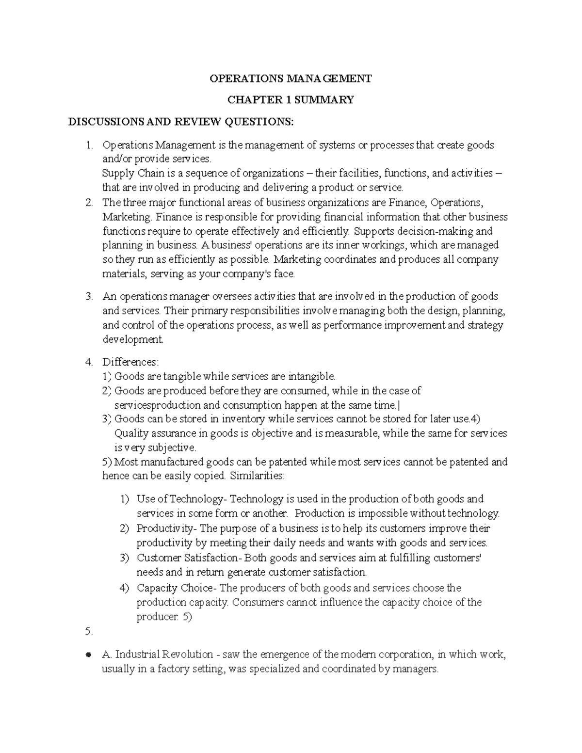 Operations Management - OPERATIONS MANAGEMENT CHAPTER 1 SUMMARY ...