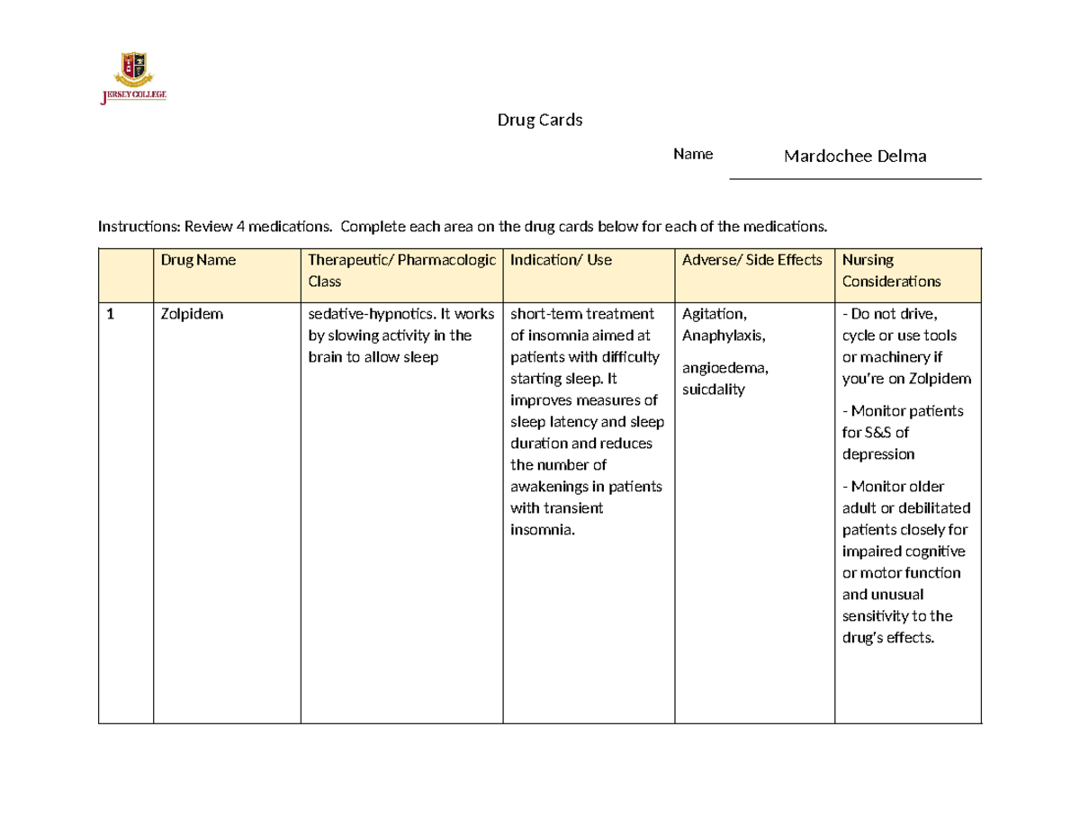 Drug Card week 2 - Drug cards - Drug Cards Name Mardochee Delma ...