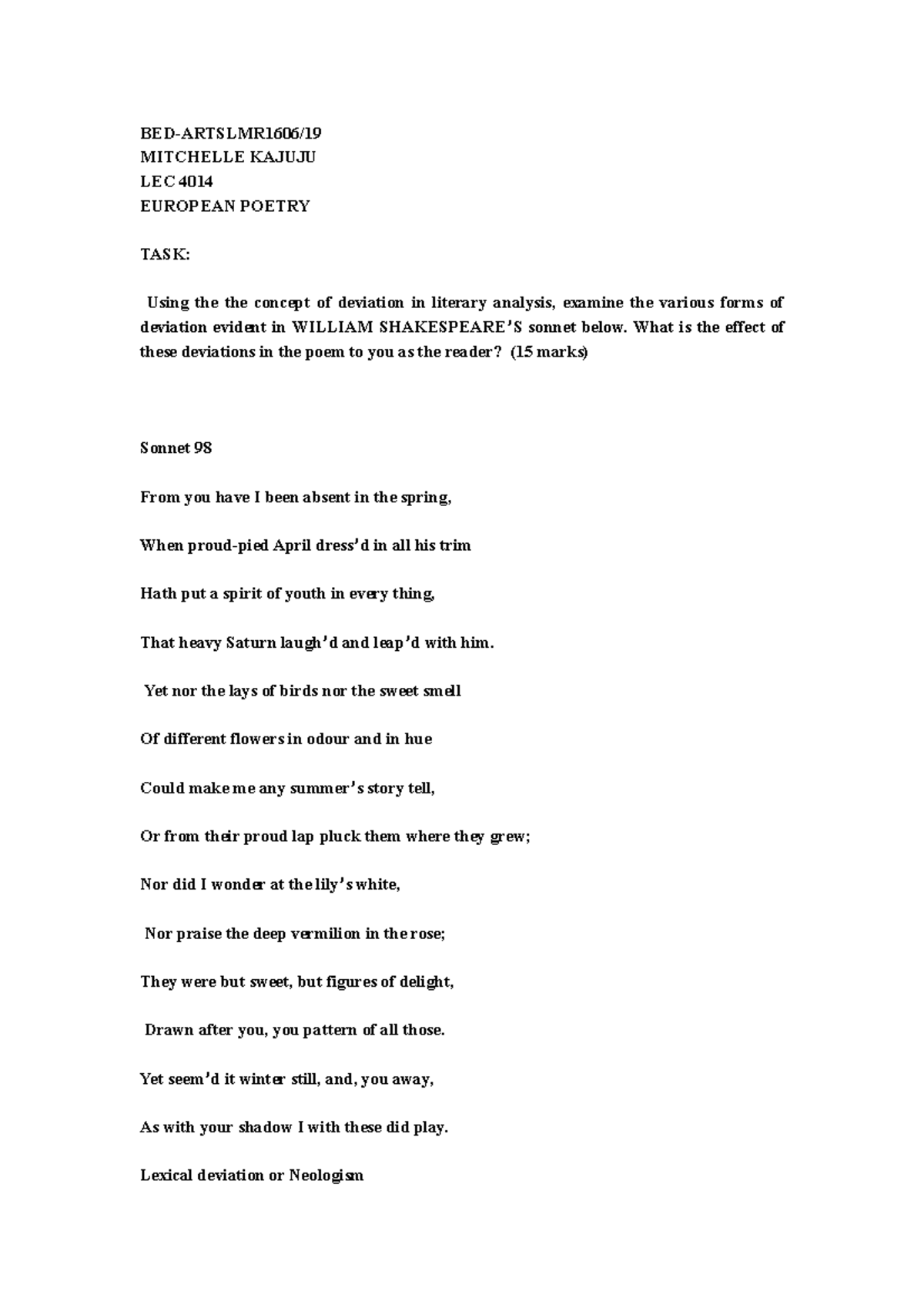 European Poetry 1 - Education - SPU - Studocu