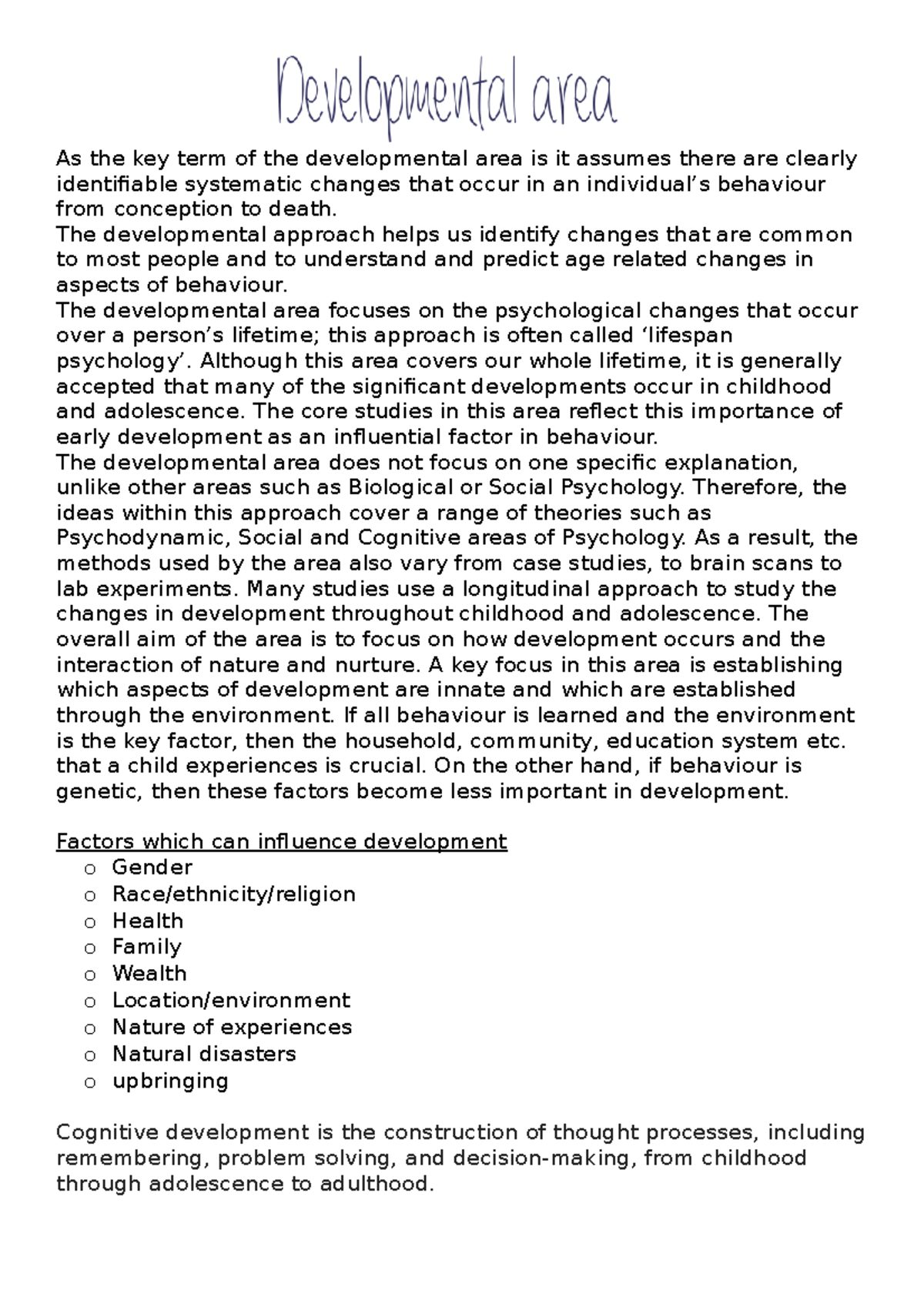 Developmental area - The developmental approach helps us identify ...