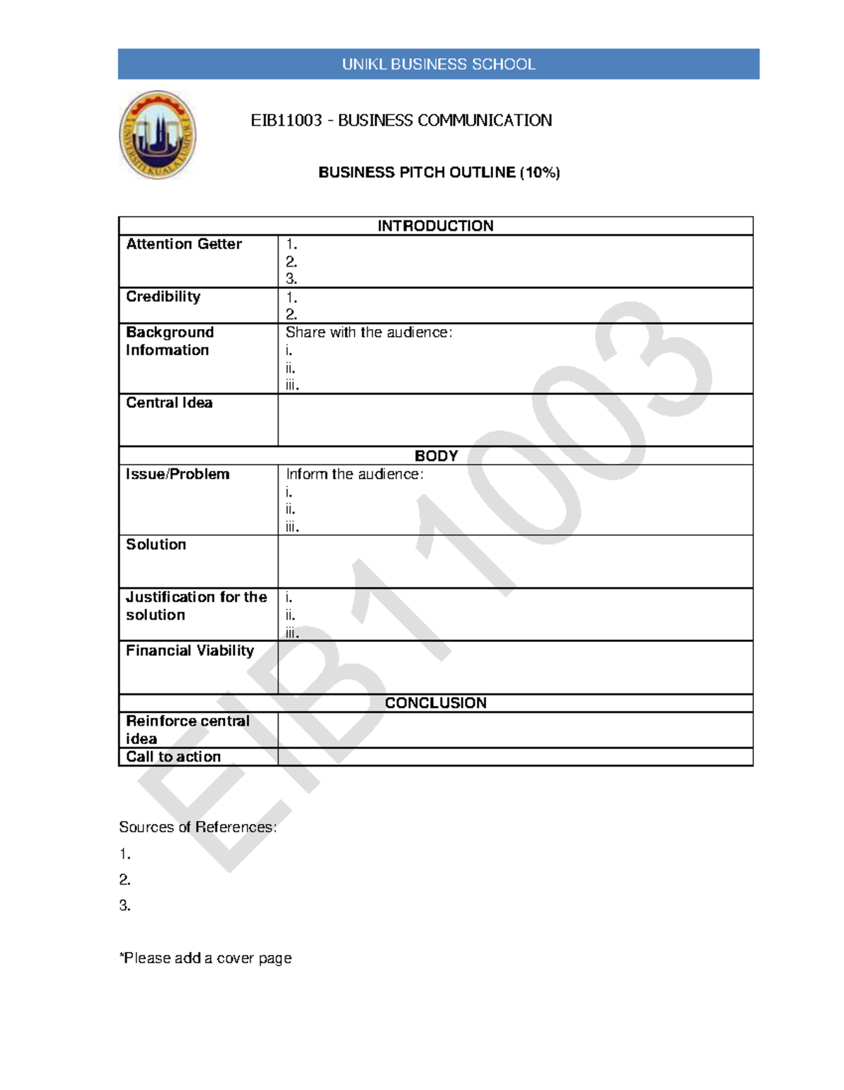 EIB 11003- Business Pitching Outline Template - UNIKL BUSINESS SCHOOL ...