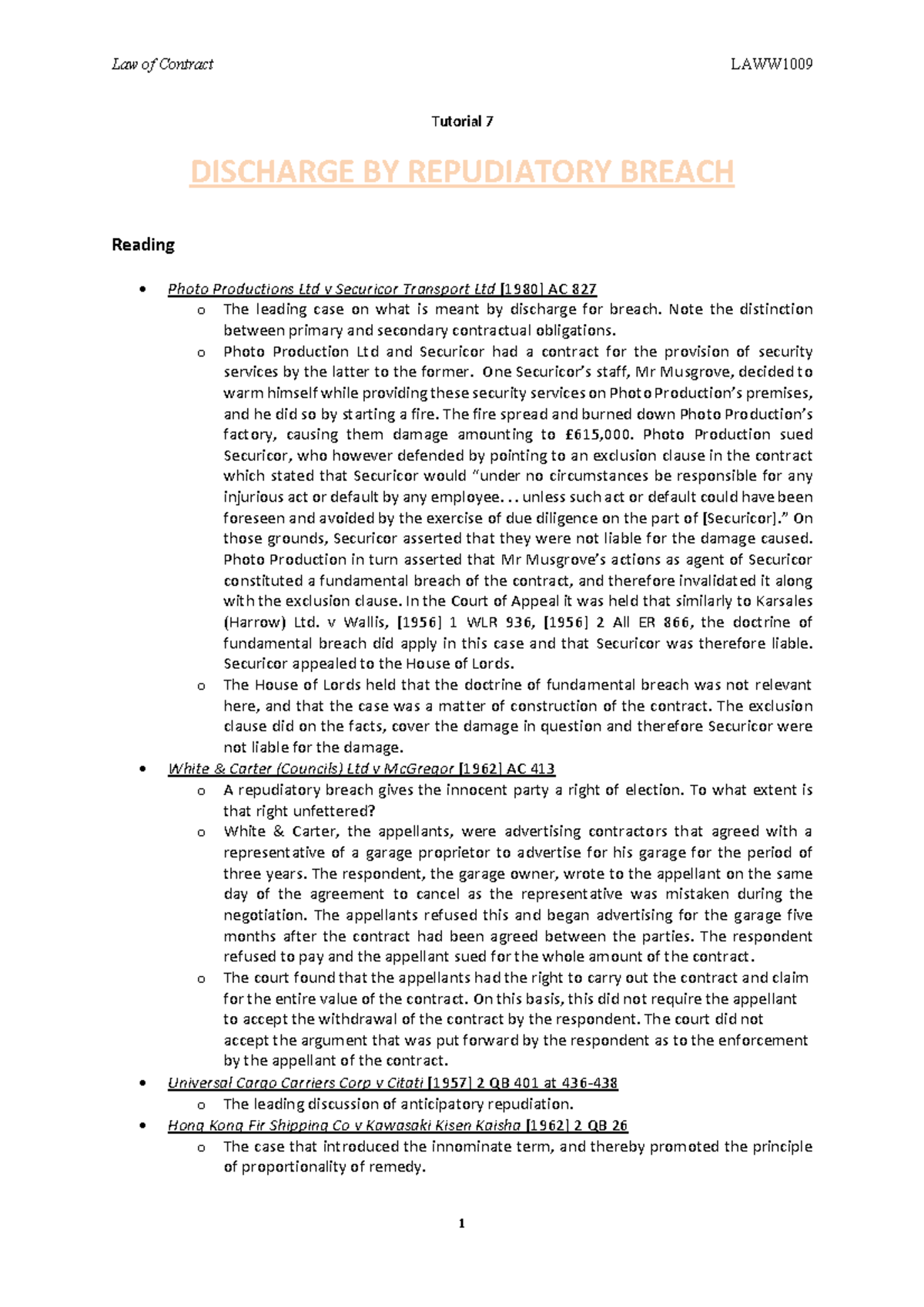 Contract Tutorial 7 - Tutorial 7 DISCHARGE BY REPUDIATORY BREACH ...