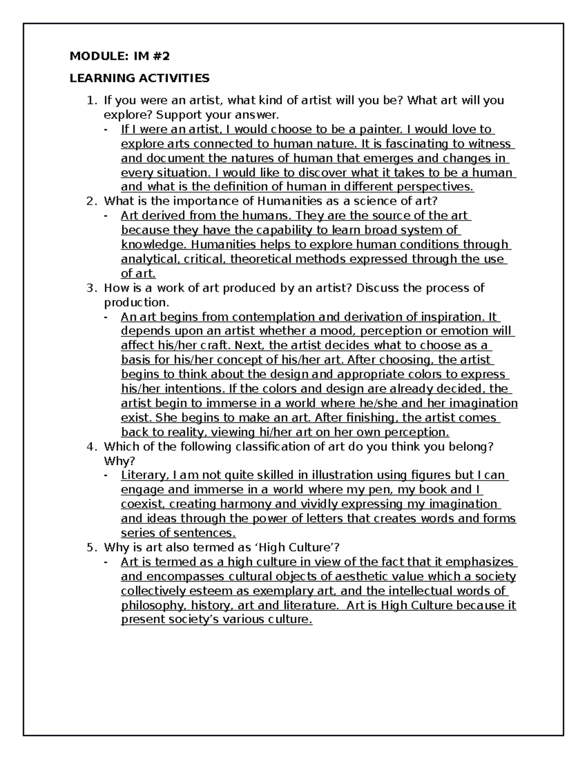 Arts Module 2 - Learning Activities and Essays - MODULE: IM LEARNING ...