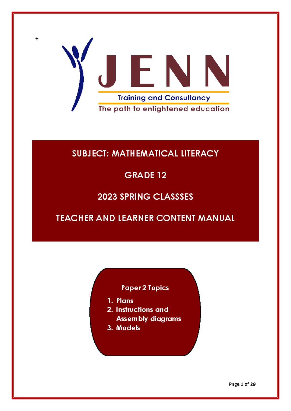 Maths Lit Plans Models and Probabilty Manual - + SUBJECT: MATHEMATICAL ...