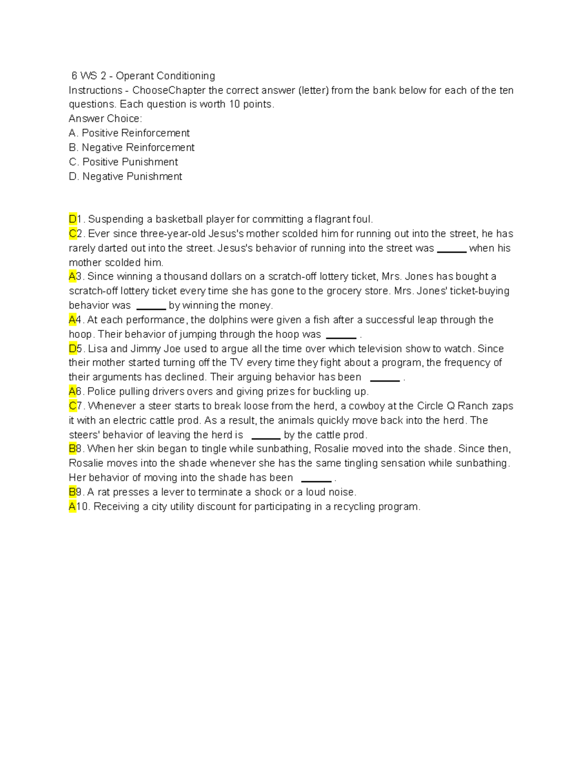 Chapter 6 worksheet 2 - Operant conditioning - 6 WS 2 - Operant ...