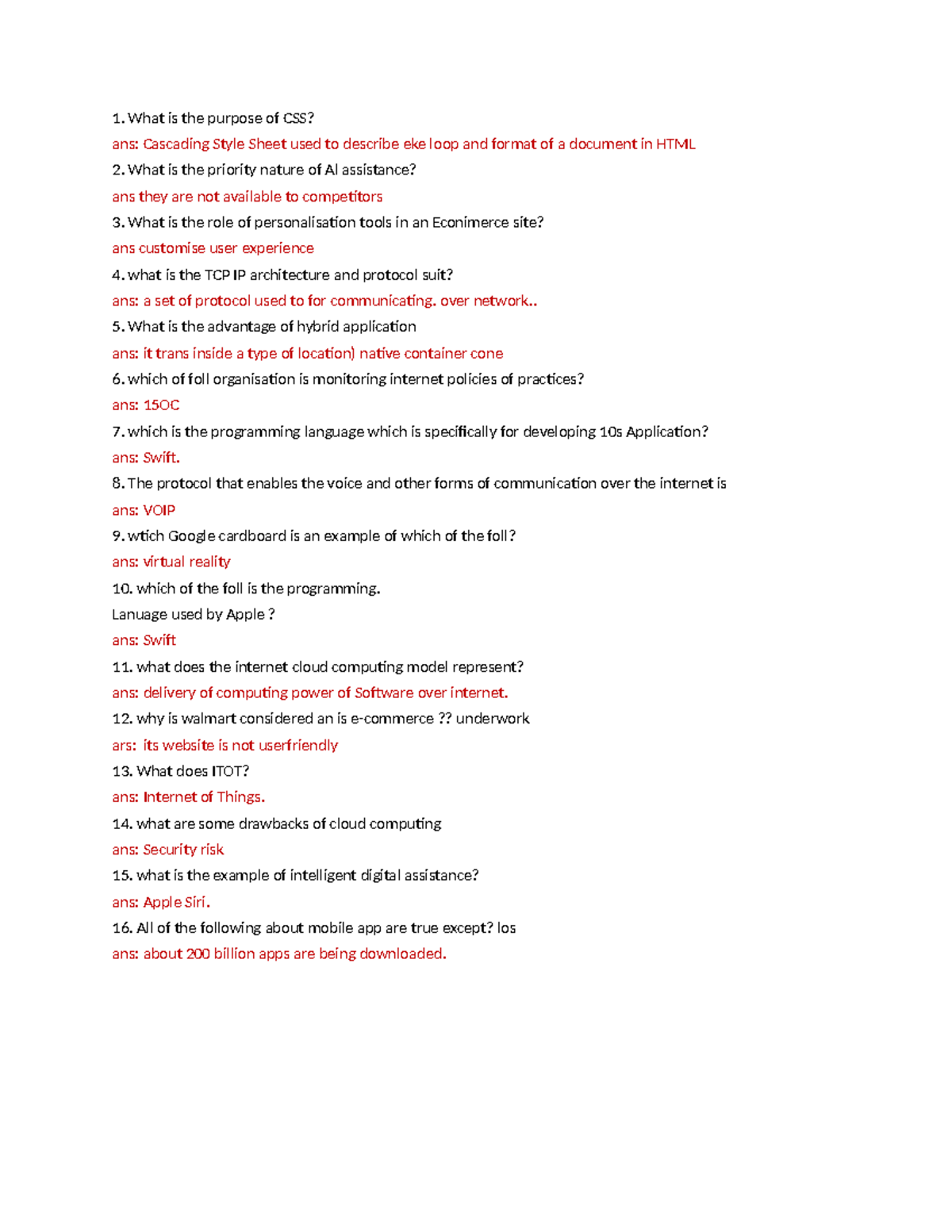 Ecom2 - exan - What is the purpose of CSS? ans: Cascading Style Sheet ...