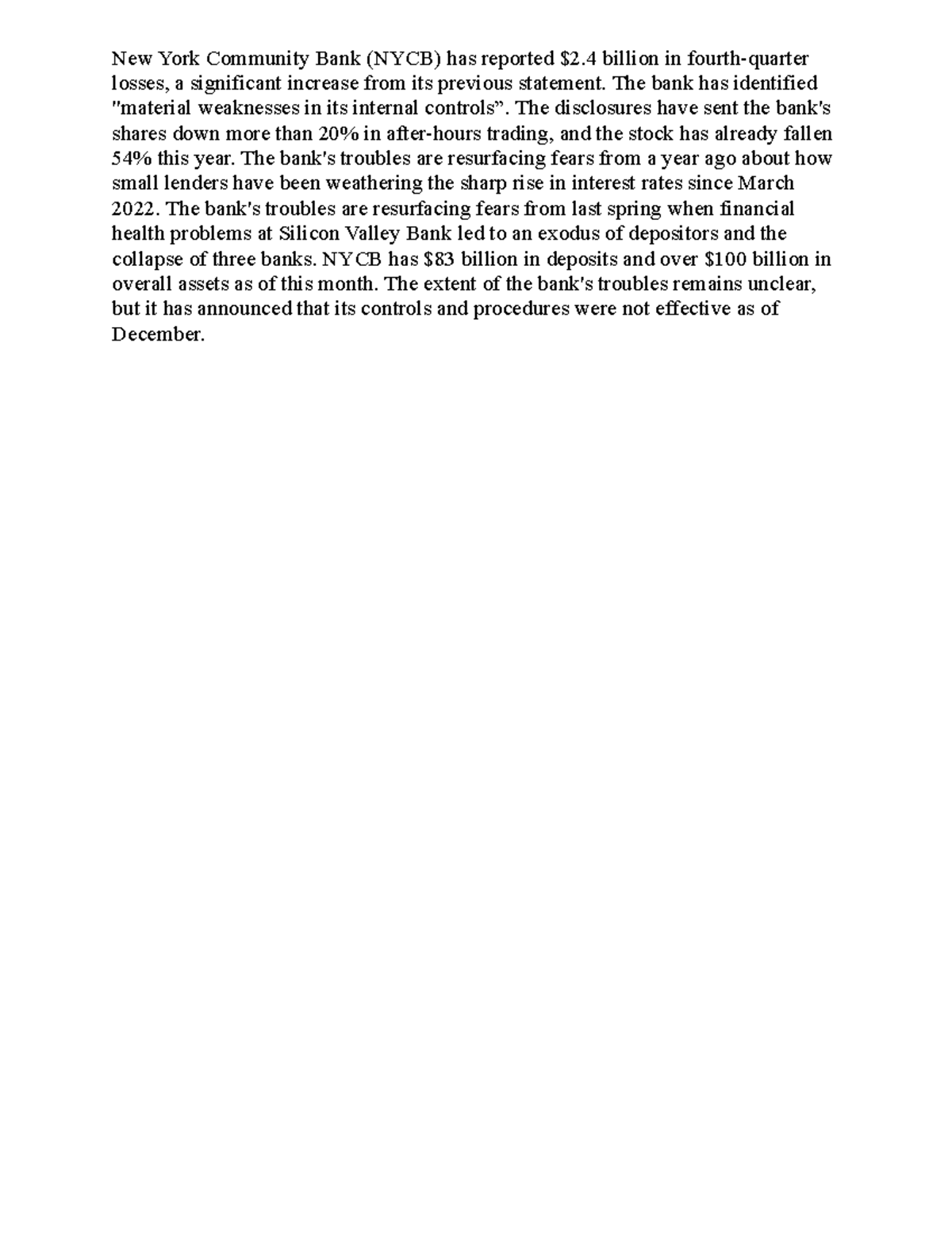 Assignment 6. Reading NEWS - New York Community Bank (NYCB) has ...