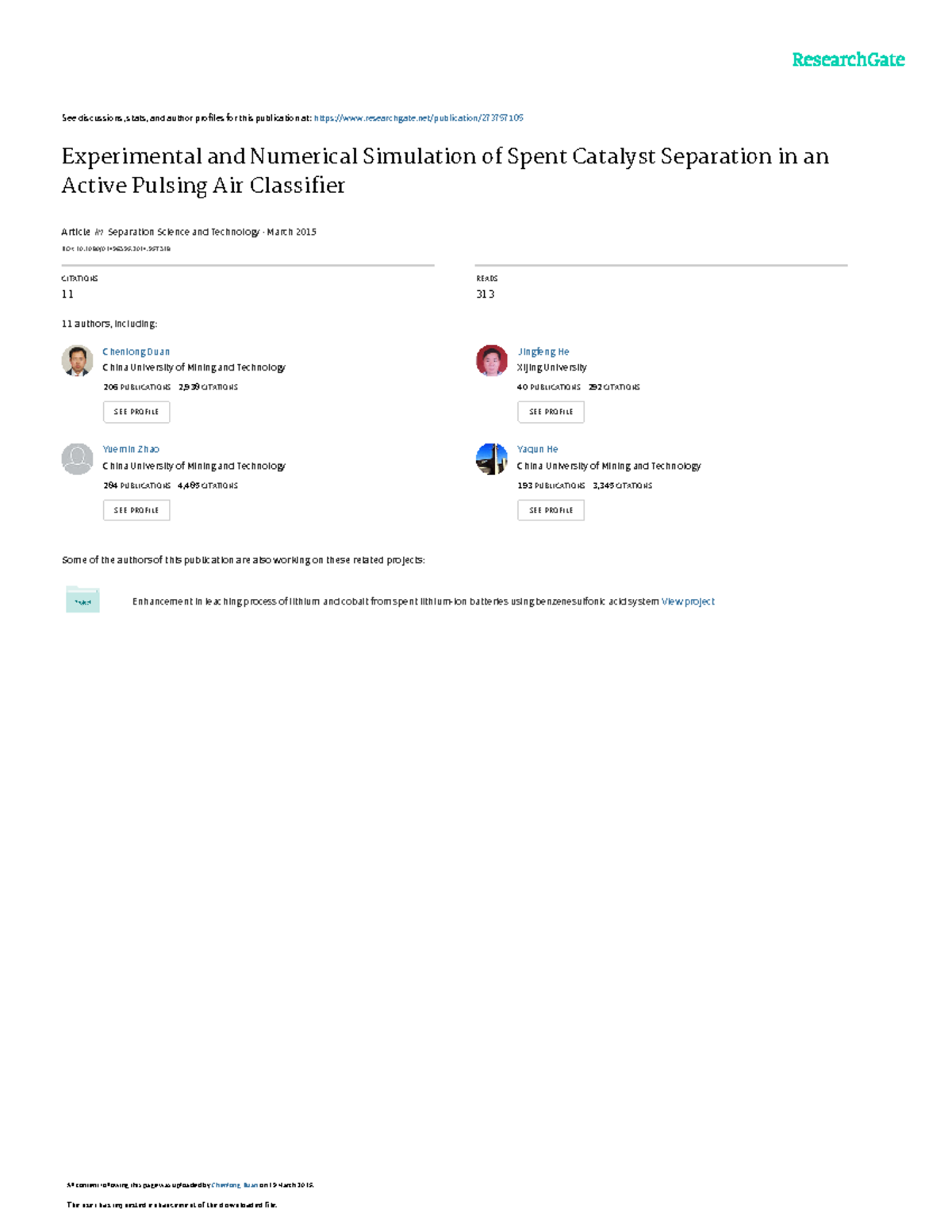 Experimentaland Numerical Simulationof Spent Catalyst Separationinan ...
