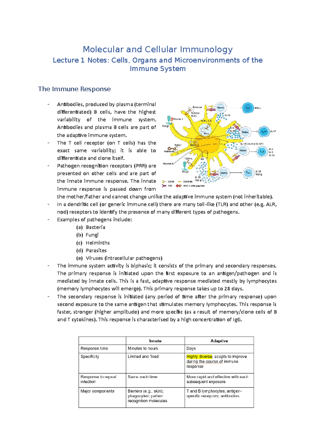 Lecture 1 Notes (Cells, Organs and Microenvironments of the Immune ...