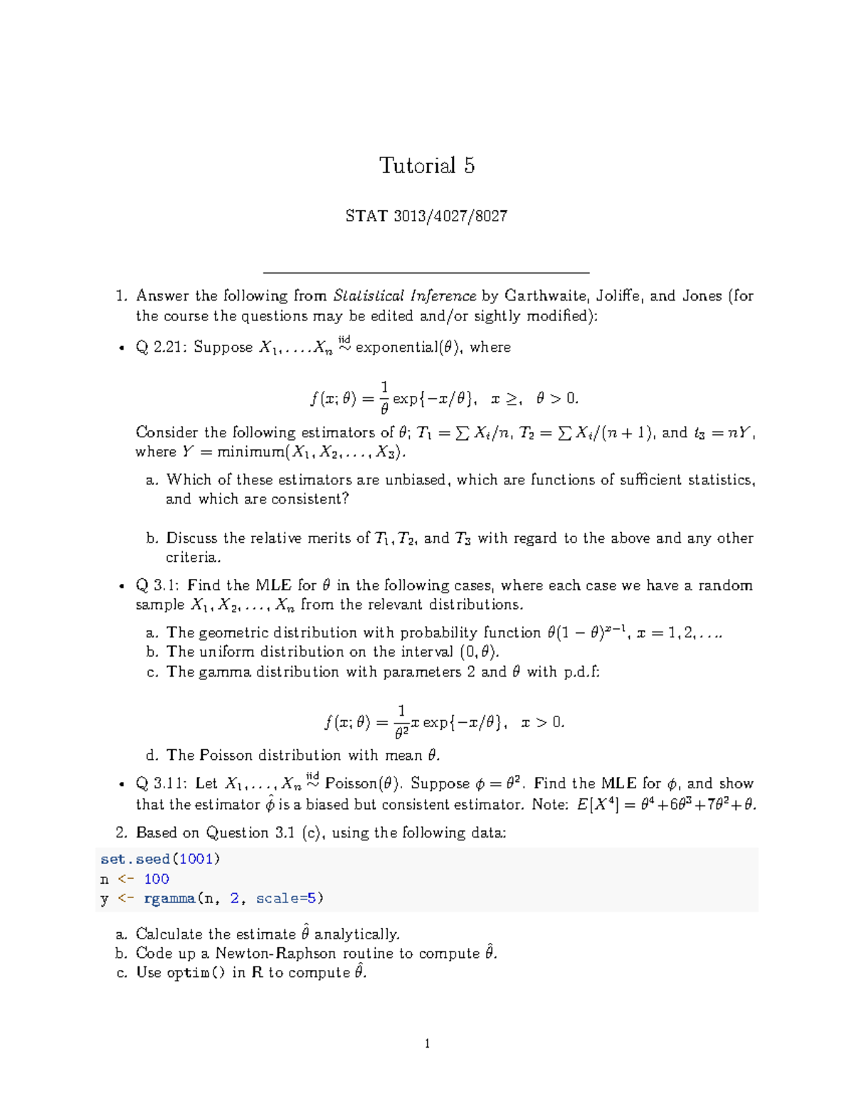 Tut5 Tutorial Questions Tutorial 5 Stat 30134027 Answer The Following From Statistical