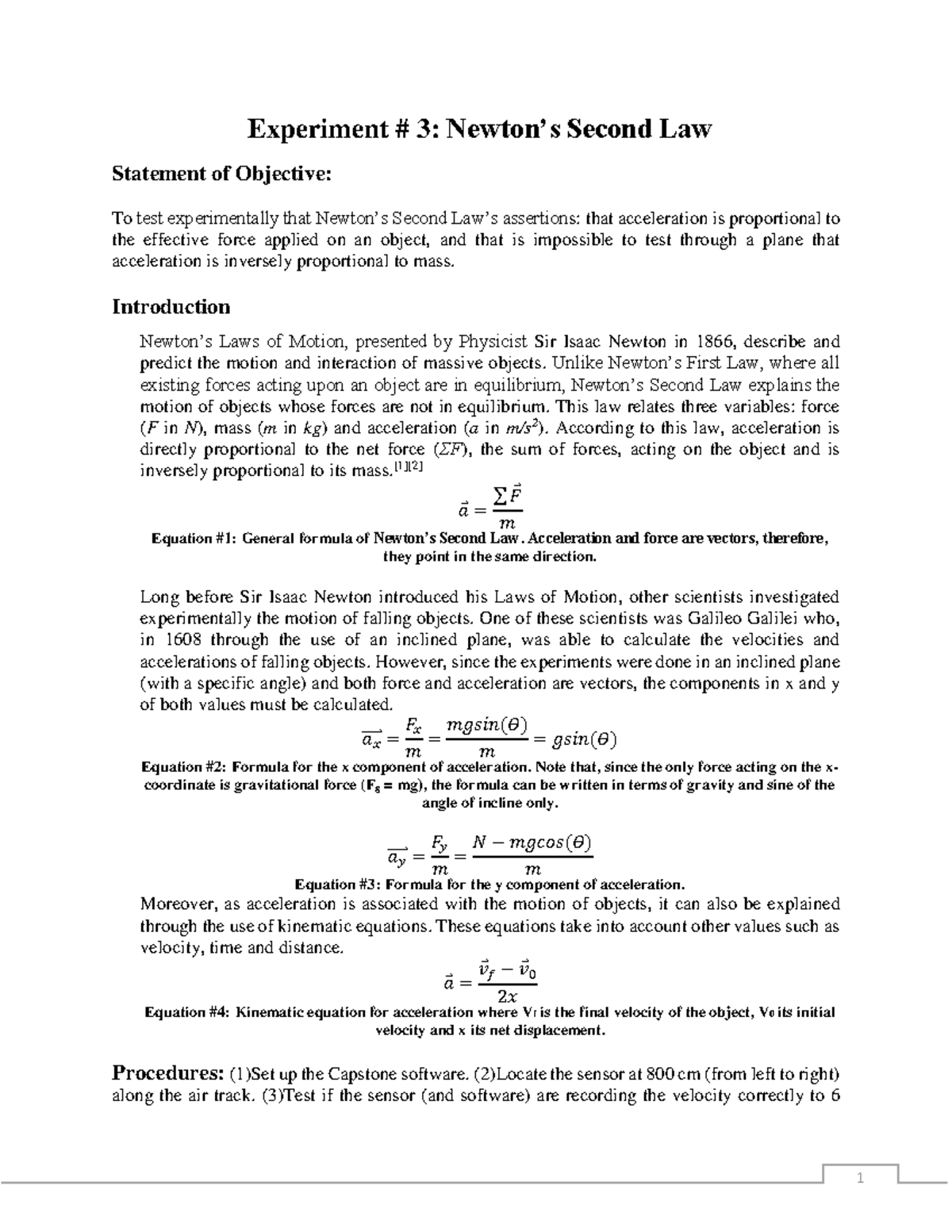 Lab03 - Lab Report - 1 Experiment # 3: Newton’s Second Law Statement of ...