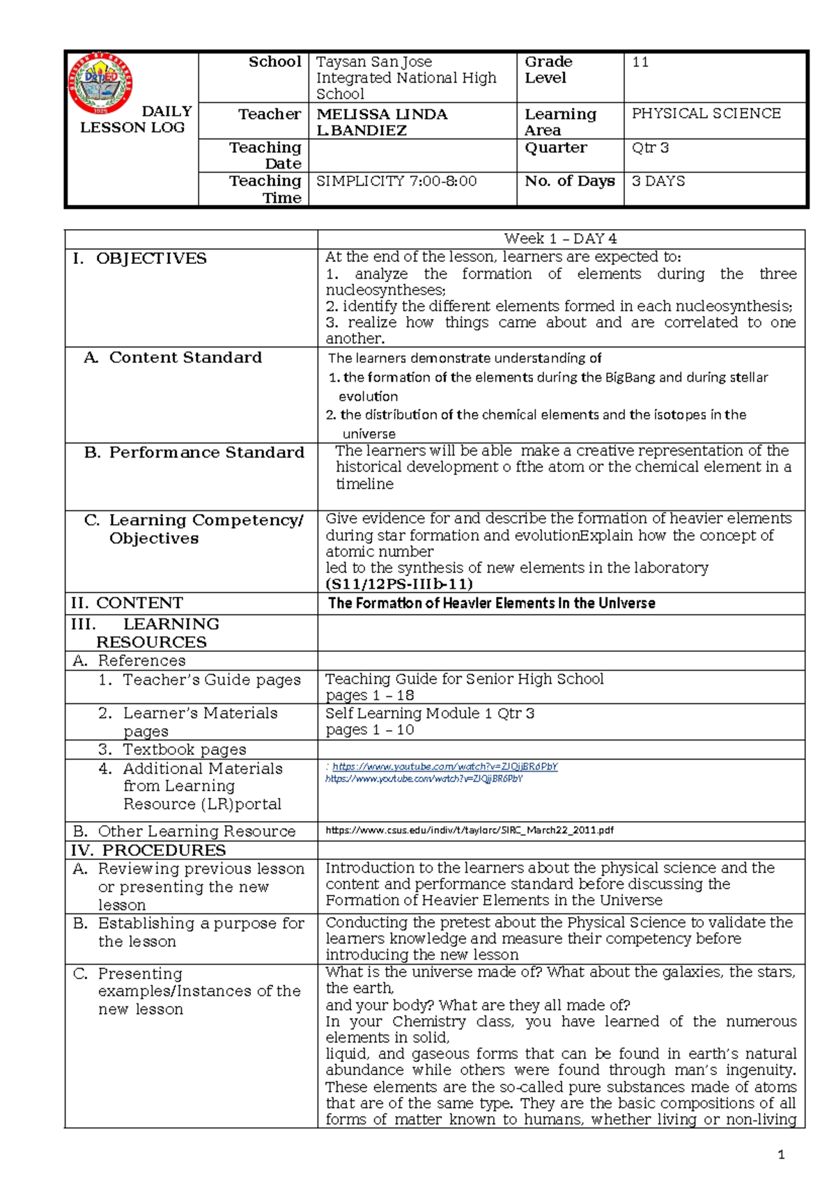 DLL Physical Science Lesson 2B - DAILY LESSON LOG School Taysan San ...