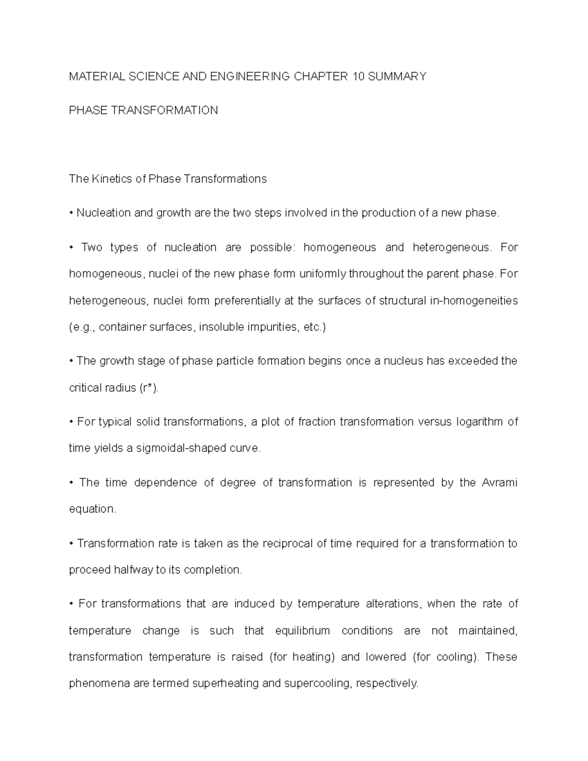 Phase Transformation - MATERIAL SCIENCE AND ENGINEERING CHAPTER 10 SUMMARY PHASE TRANSFORMATION ...