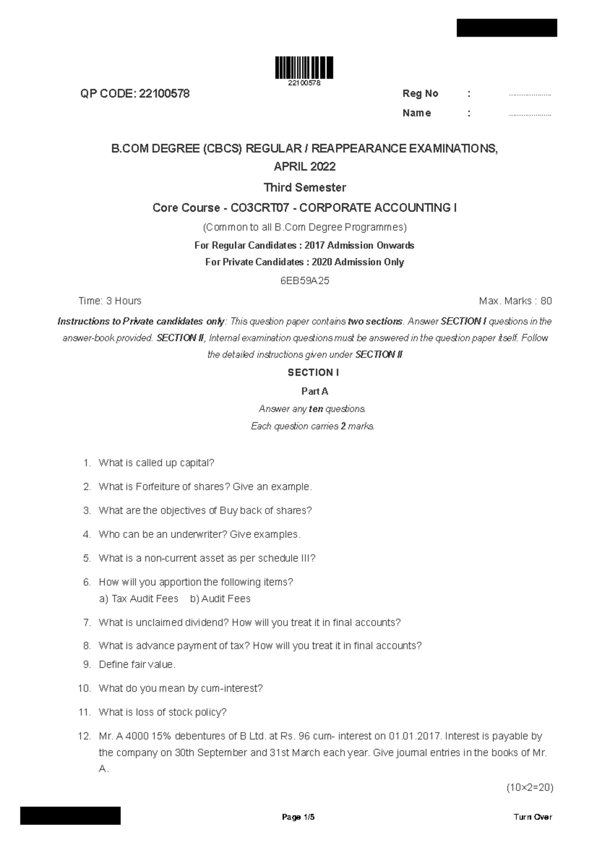 Bcom-3-sem-corporate-accounting-1-22100578-apr-2022 (1) - QP CODE: 22100578 Reg No : - Studocu