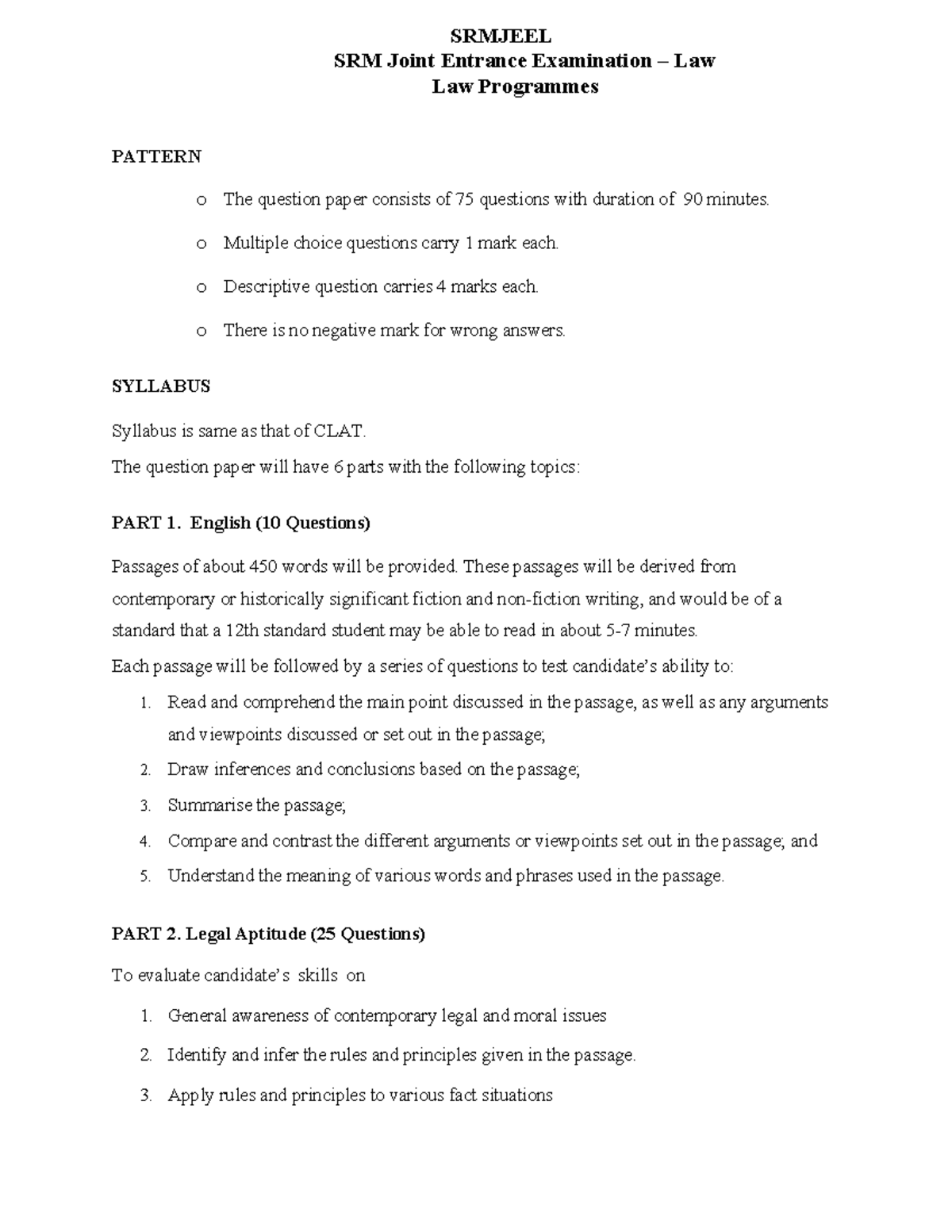 Srmjeel-syllabus - SRMJEEL SRM Joint Entrance Examination – Law Law ...