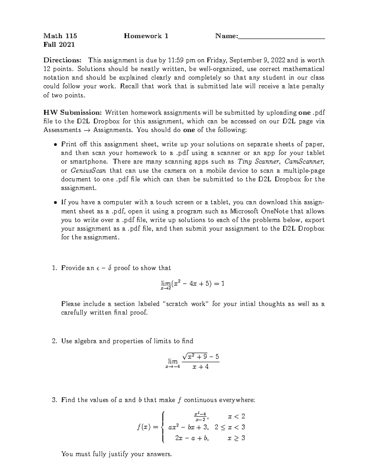 M221HW01F22 - mhm - Math 115 Homework 1 Name: Fall 2021 Directions ...