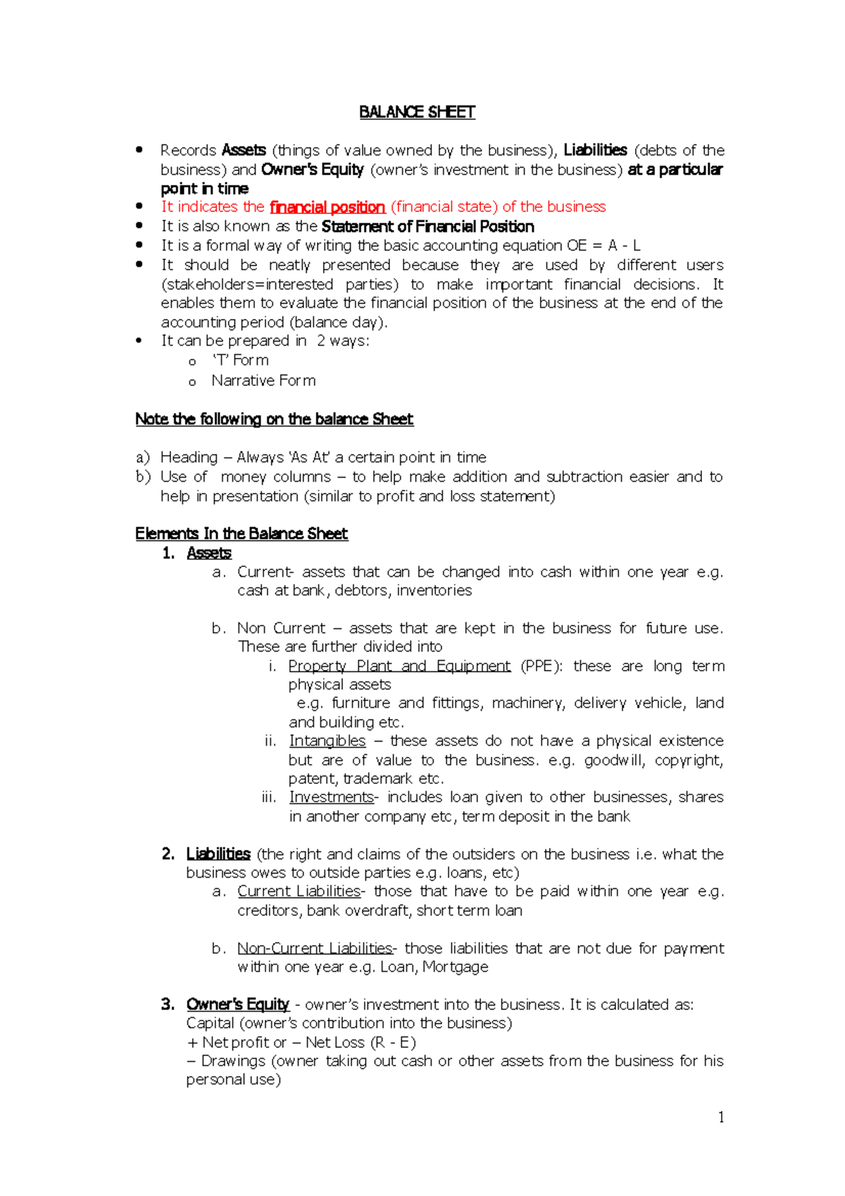 Balance Sheet Notes and Activities Revised - BALANCE SHEET Records ...