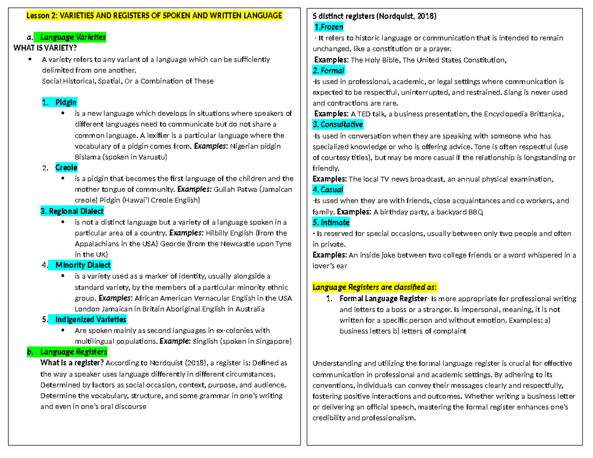 Reviewers - NONE - Lesson 2: VARIETIES AND REGISTERS OF SPOKEN AND ...