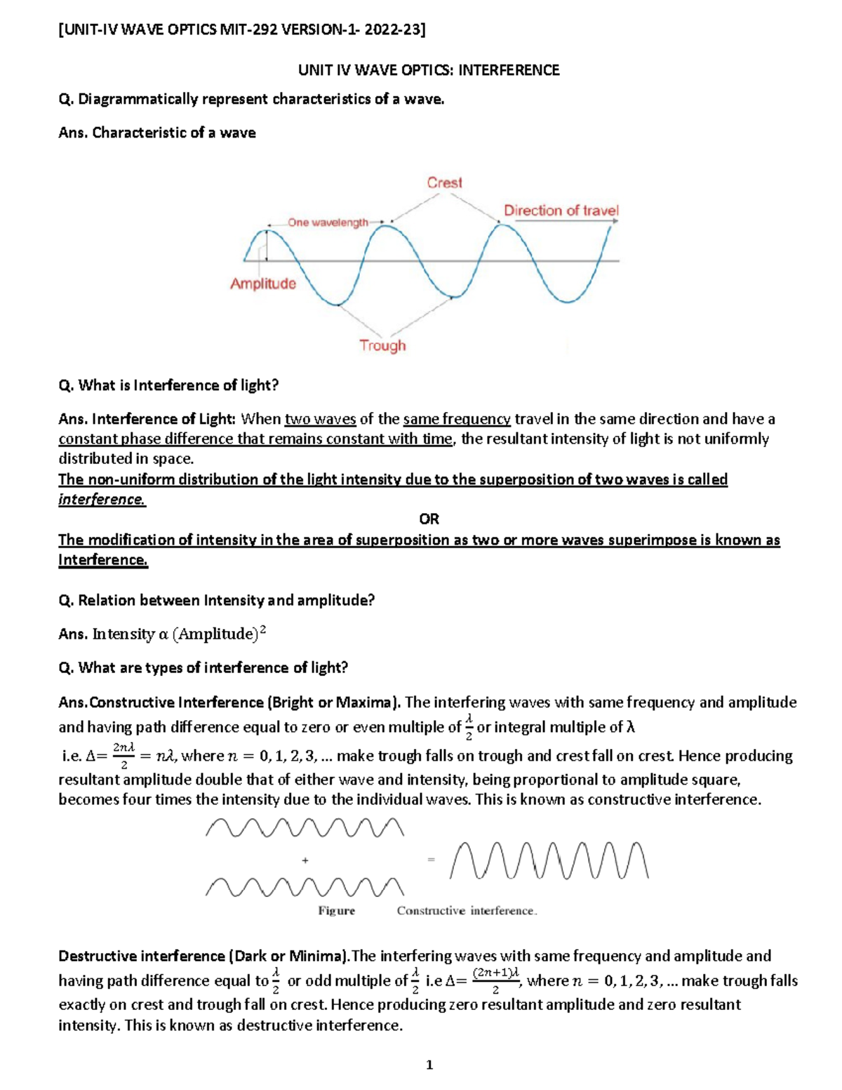 Unit IV Interference Ver-1 2022-23 - UNIT IV WAVE OPTICS: INTERFERENCE Q. Diagrammatically ...